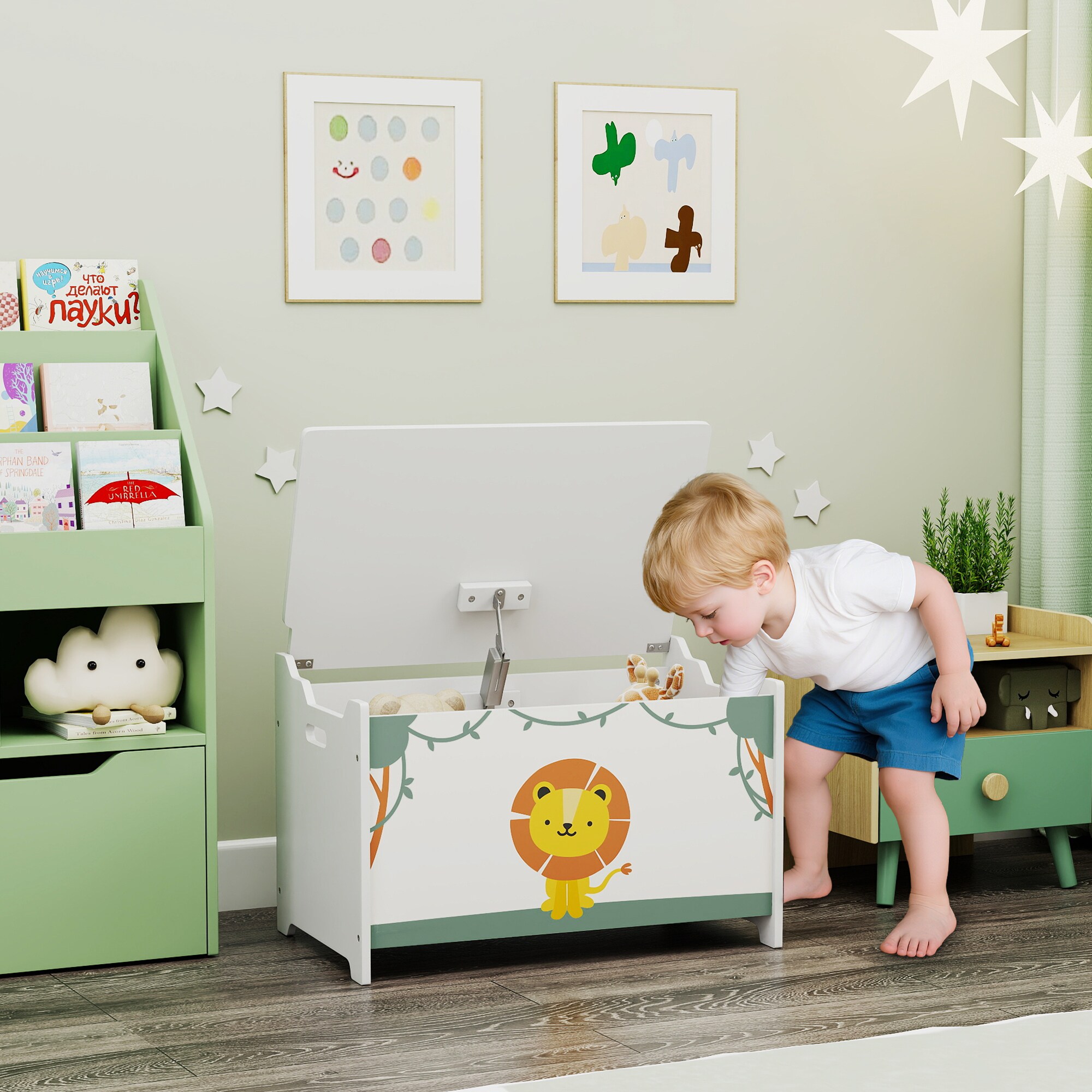 Qaba Toy Box with Lid Safety Hinges Groove Handles for Kids Living Room ...