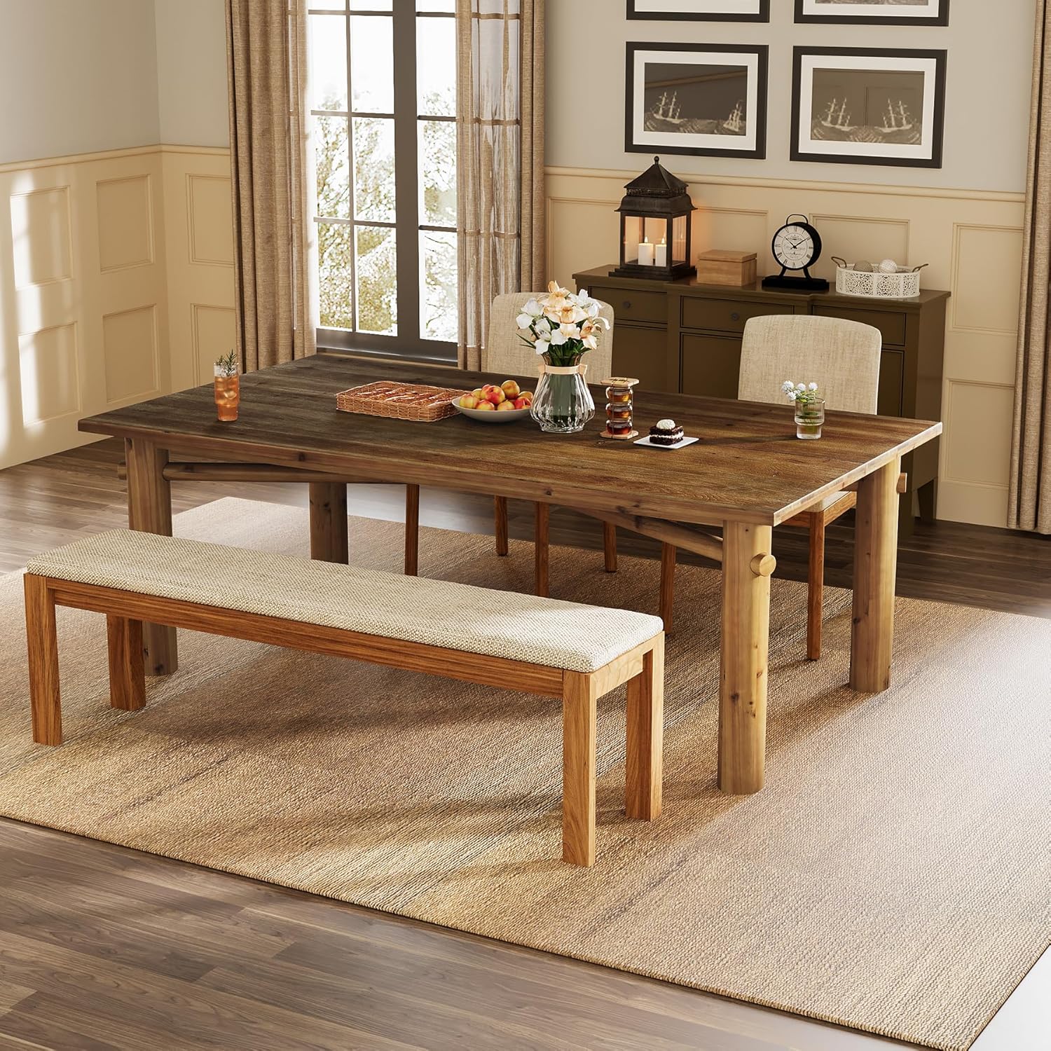 LITTLE TREE Dark Brown 63-Inch Solid Wood Dining Table for 6 Wooden ...