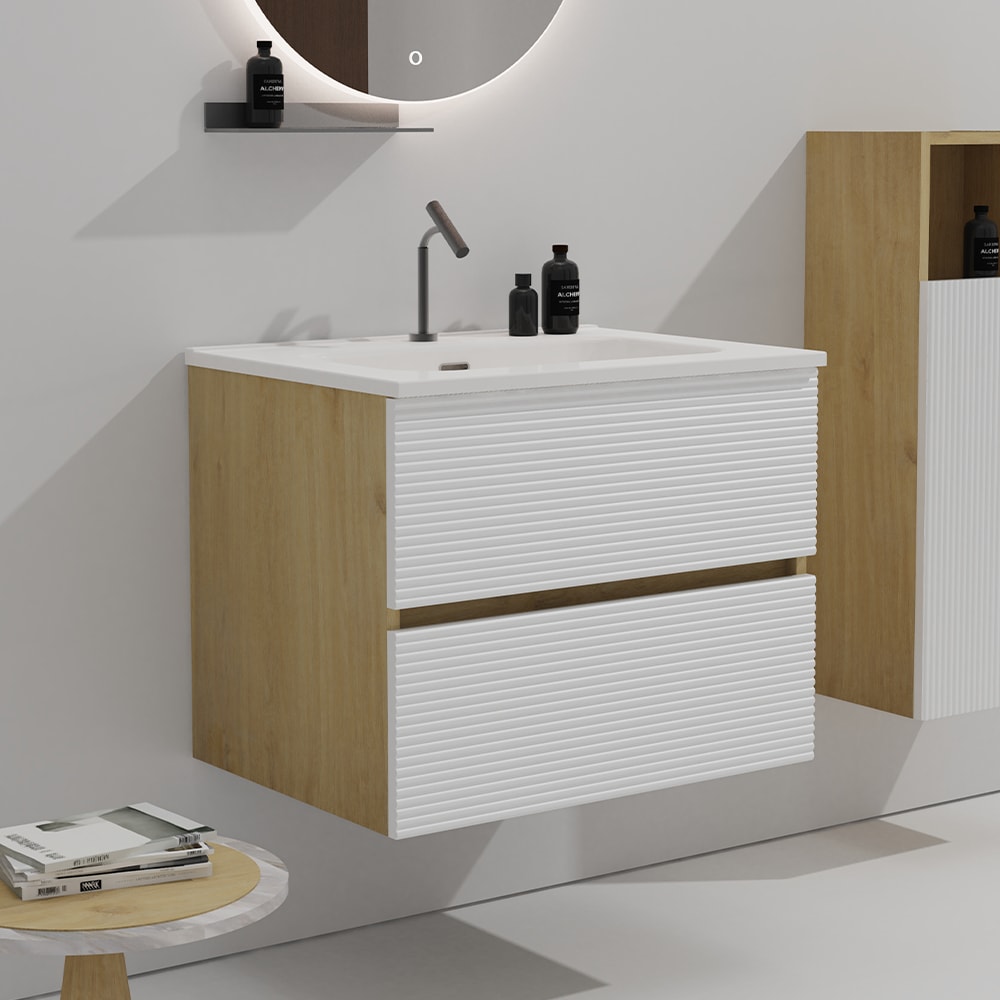 Tatayosi 24 Inch Wall Mounted Snow White Matt Natural Oak Bathroom ...