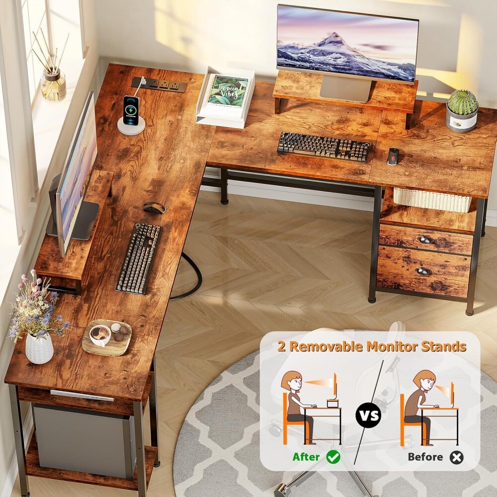 OOU L shaped office desk with power socket reversible computer game ...