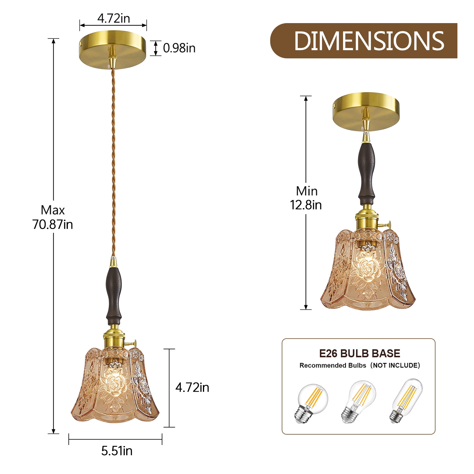 ZHLLMQ Pendant 1-Light 3-Pack Modern Vintage Amber Patterned Glass Mini ...