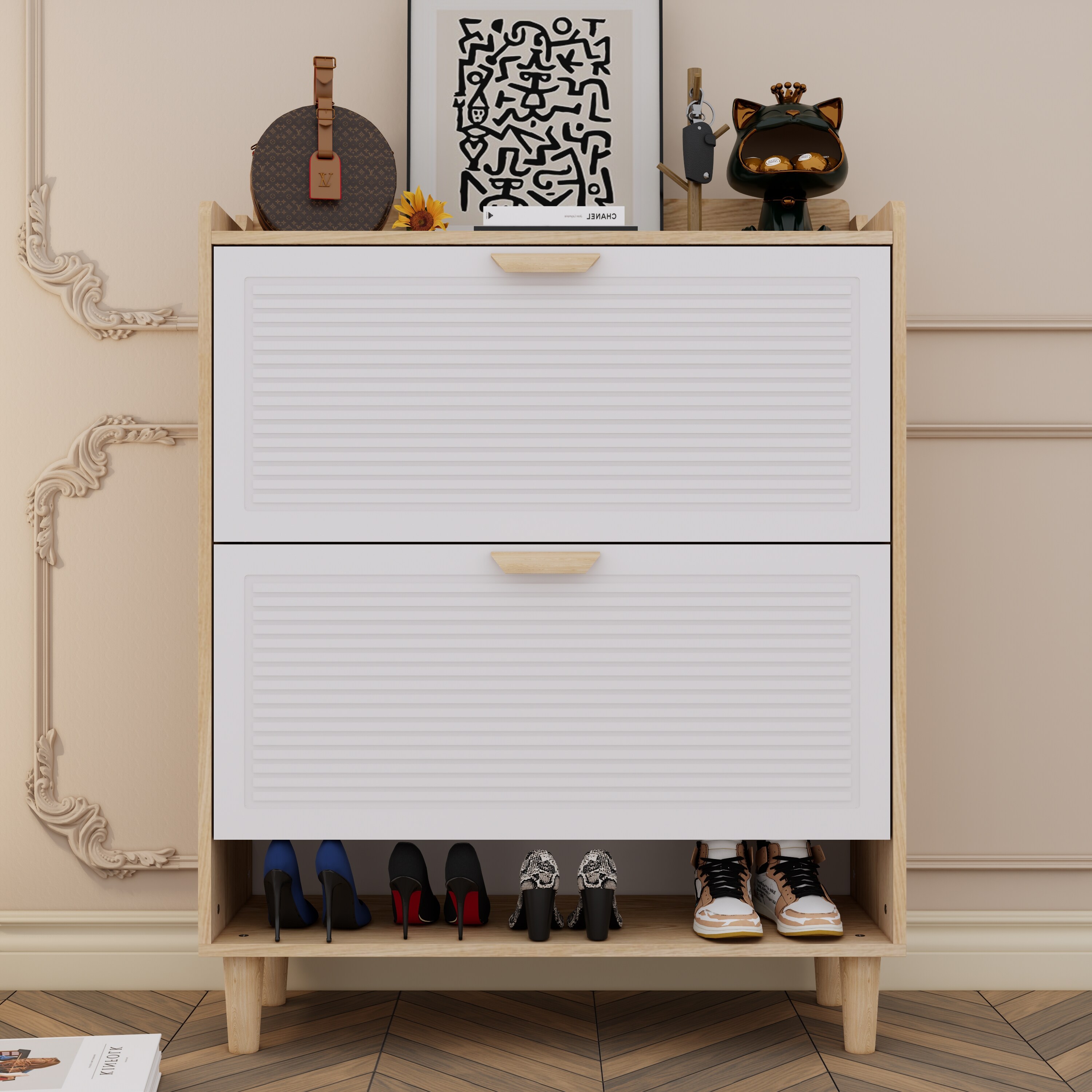LOVMOR 32 Inch Nordic Shoe Storage Cabinet 2 Flip Drawers Freestanding ...