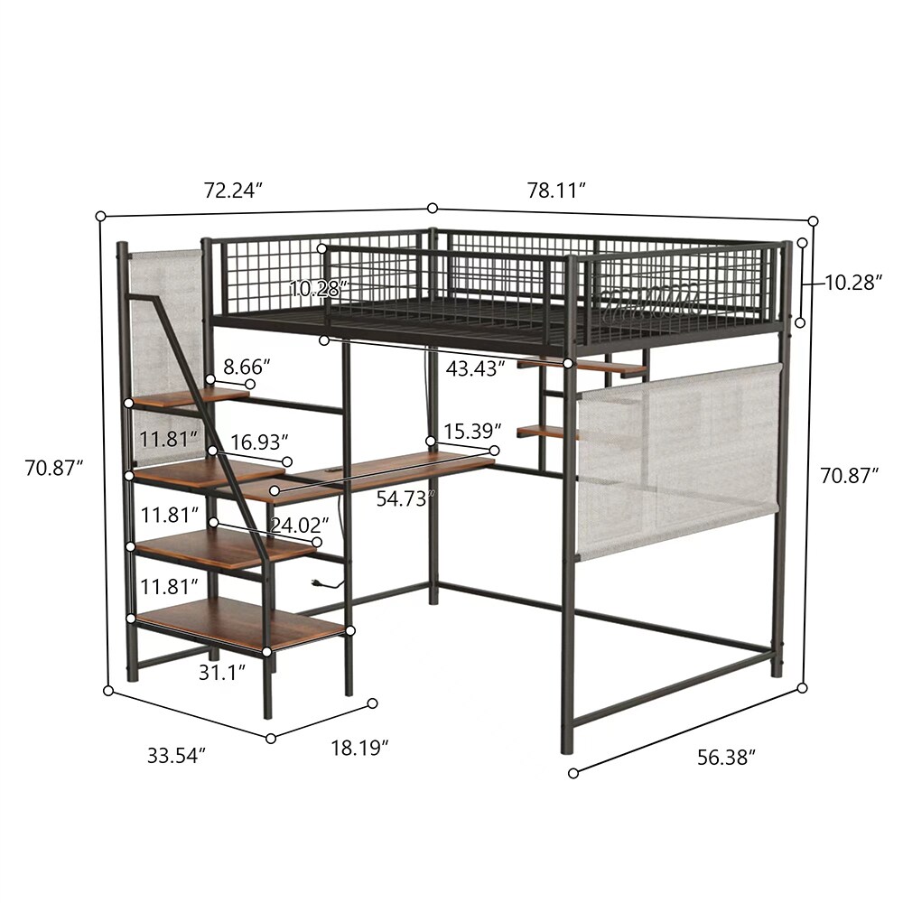 Watnature Full Metal Loft Bed With Charging Station And LED Lights ...