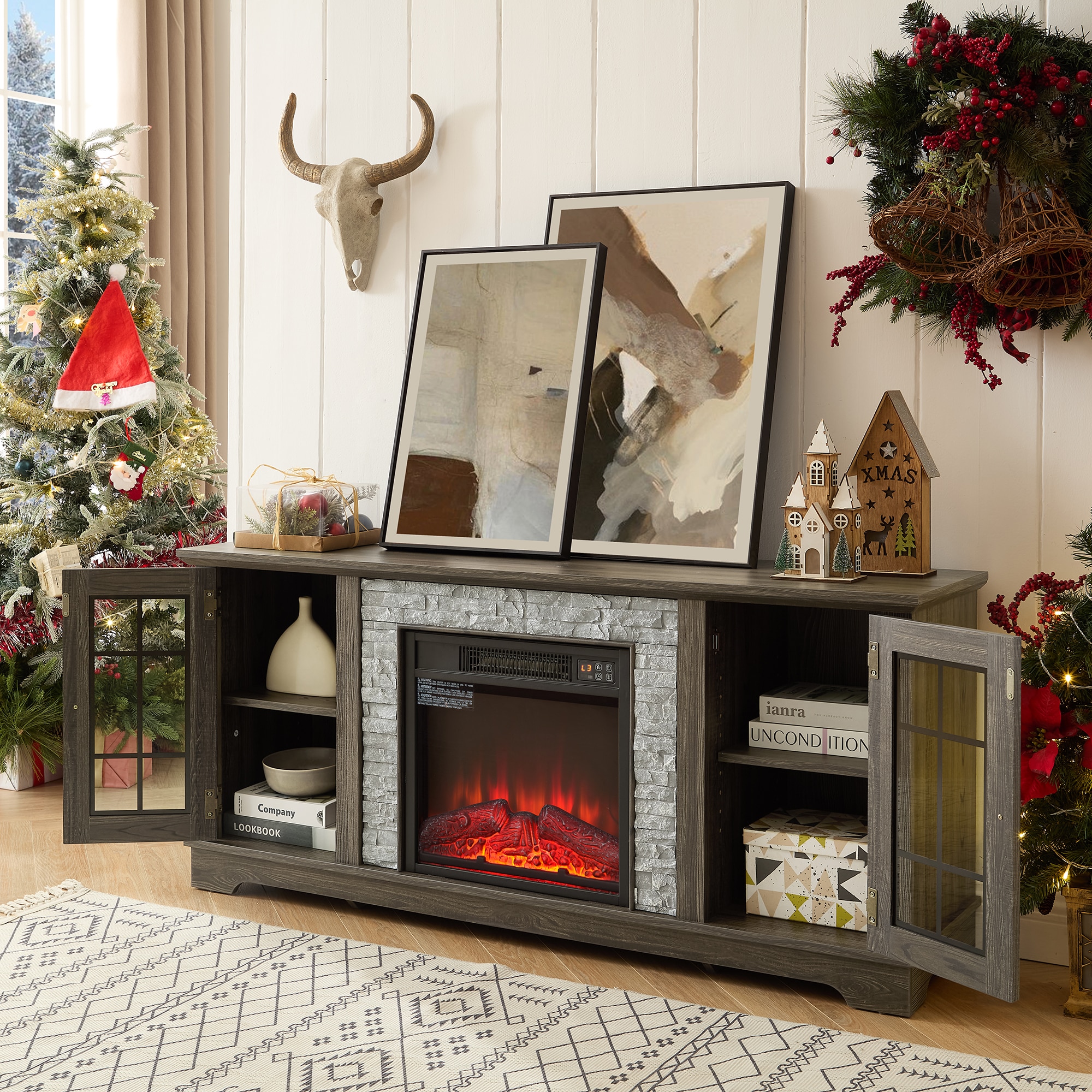 Fun Orange TV Stand with Fireplace Modern/Contemporary Gray 58.31-in W ...