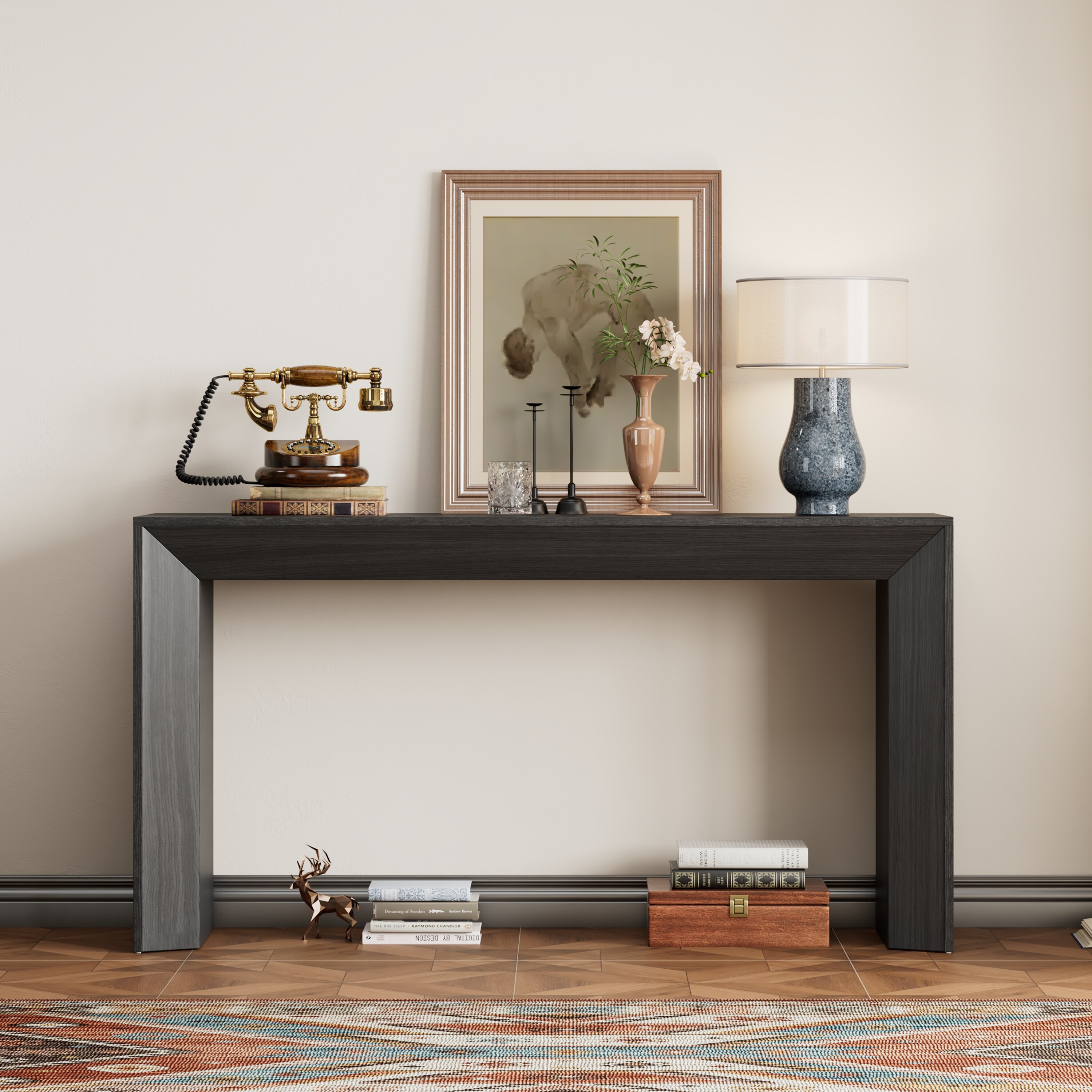 LOVMOR 59 Inch Retro Solid Wood and MDF Round Black Console Table for ...