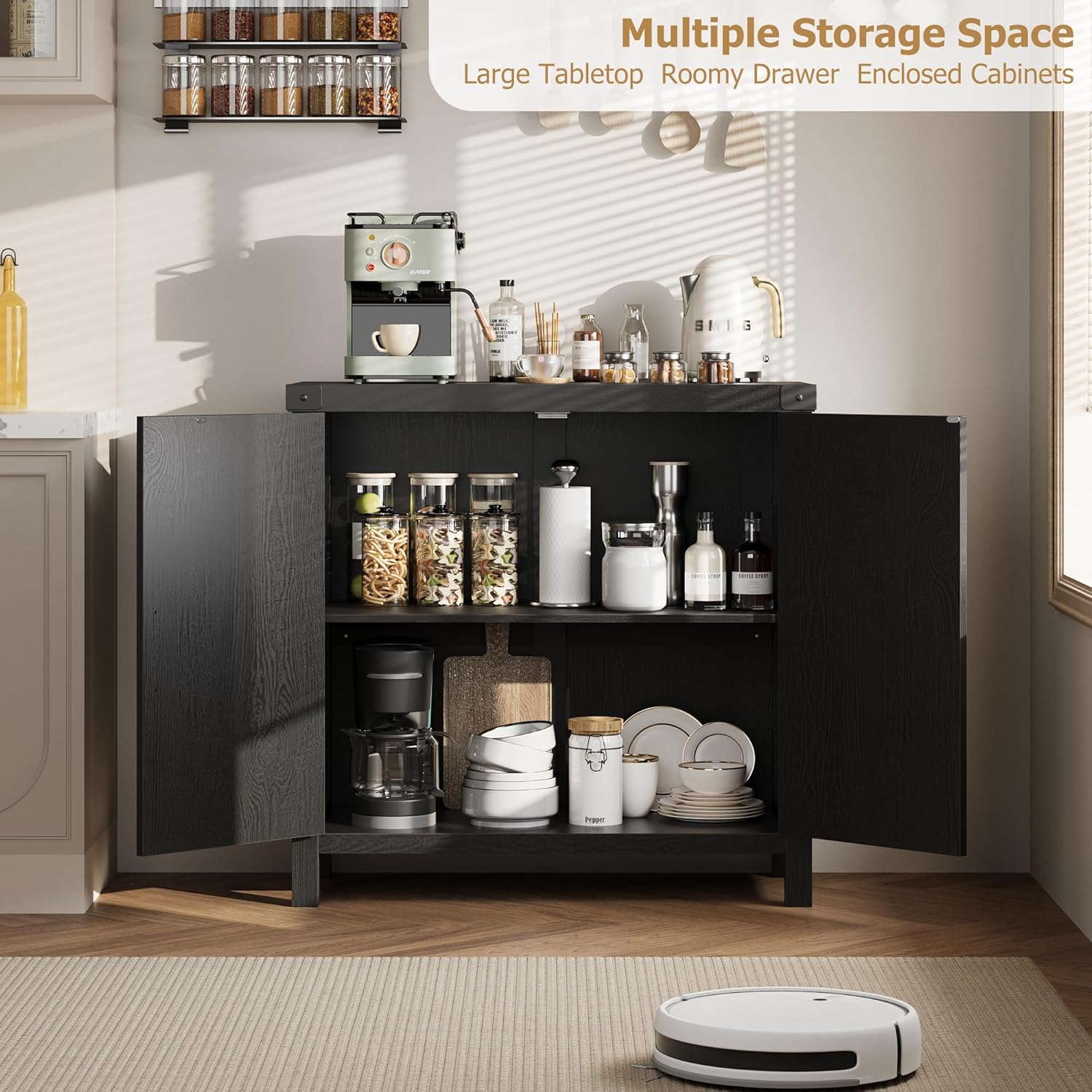 Garvee 31.5 Small Rattan Buffet Cabinet with Storage Kitchen Coffee Bar ...