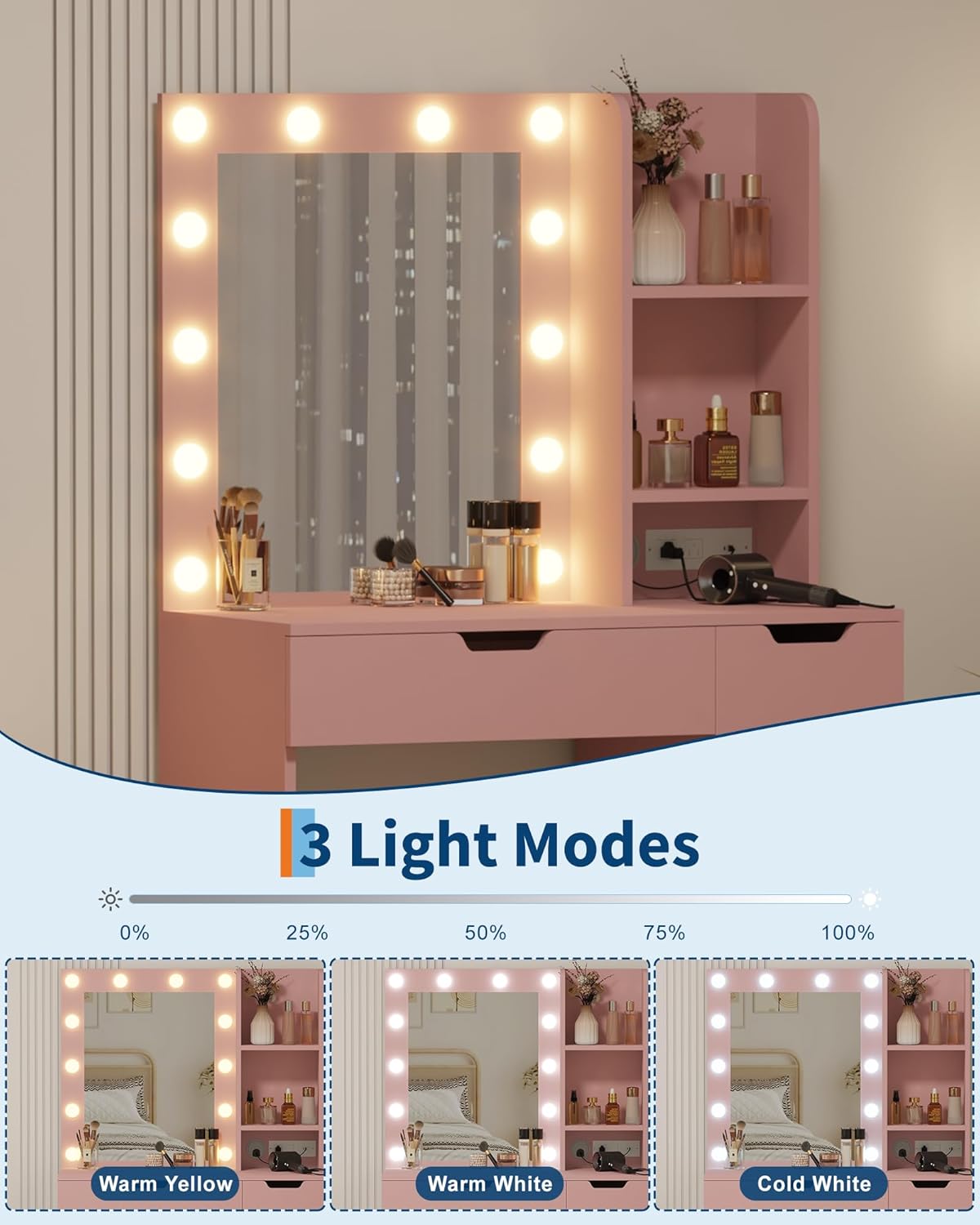 Garvee Vanity Desk with Mirror and Lights - Makeup Vanity Desk with 4 ...