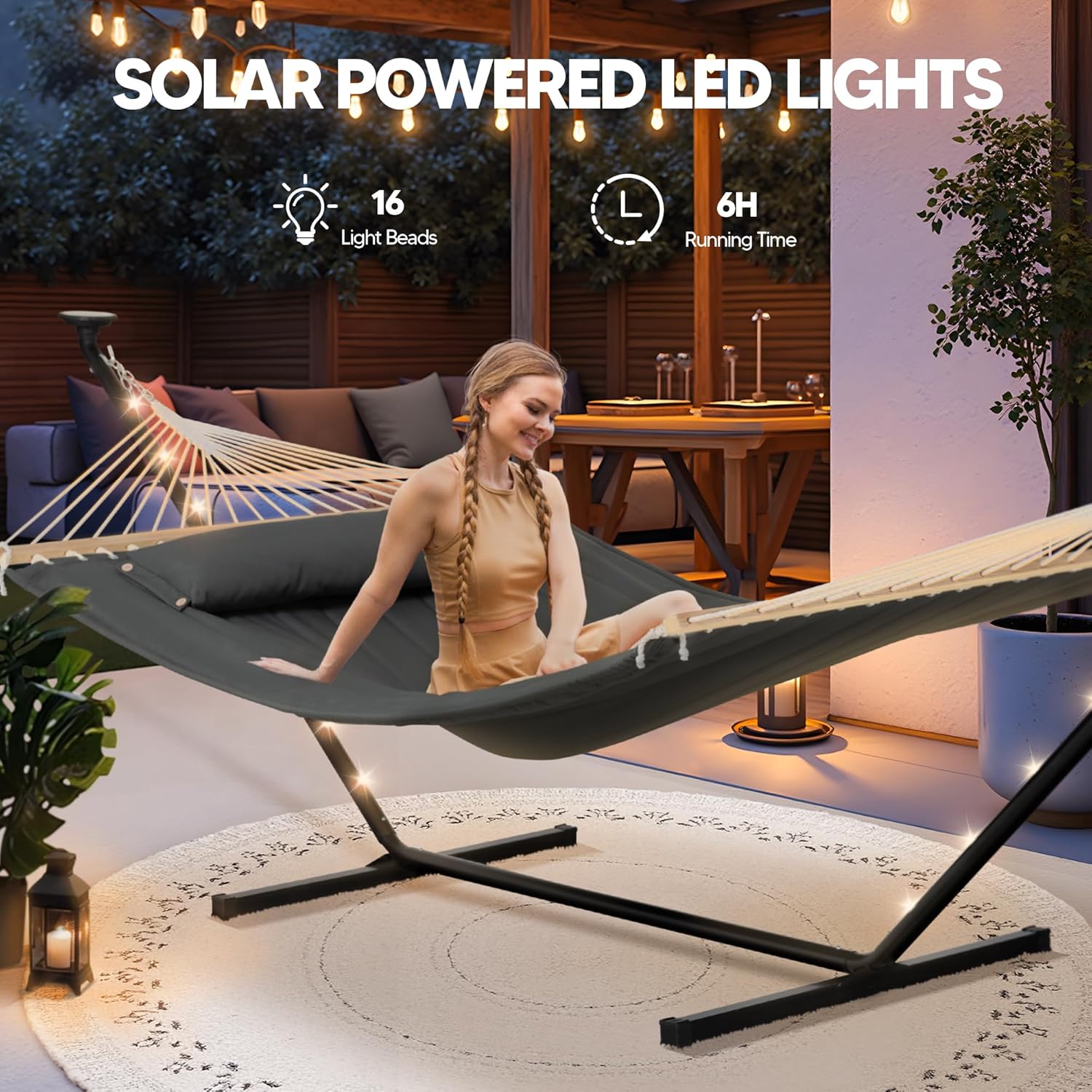 SUNCREAT Double Hammock with 12 ft Stand Solar Powered Lights Included ...