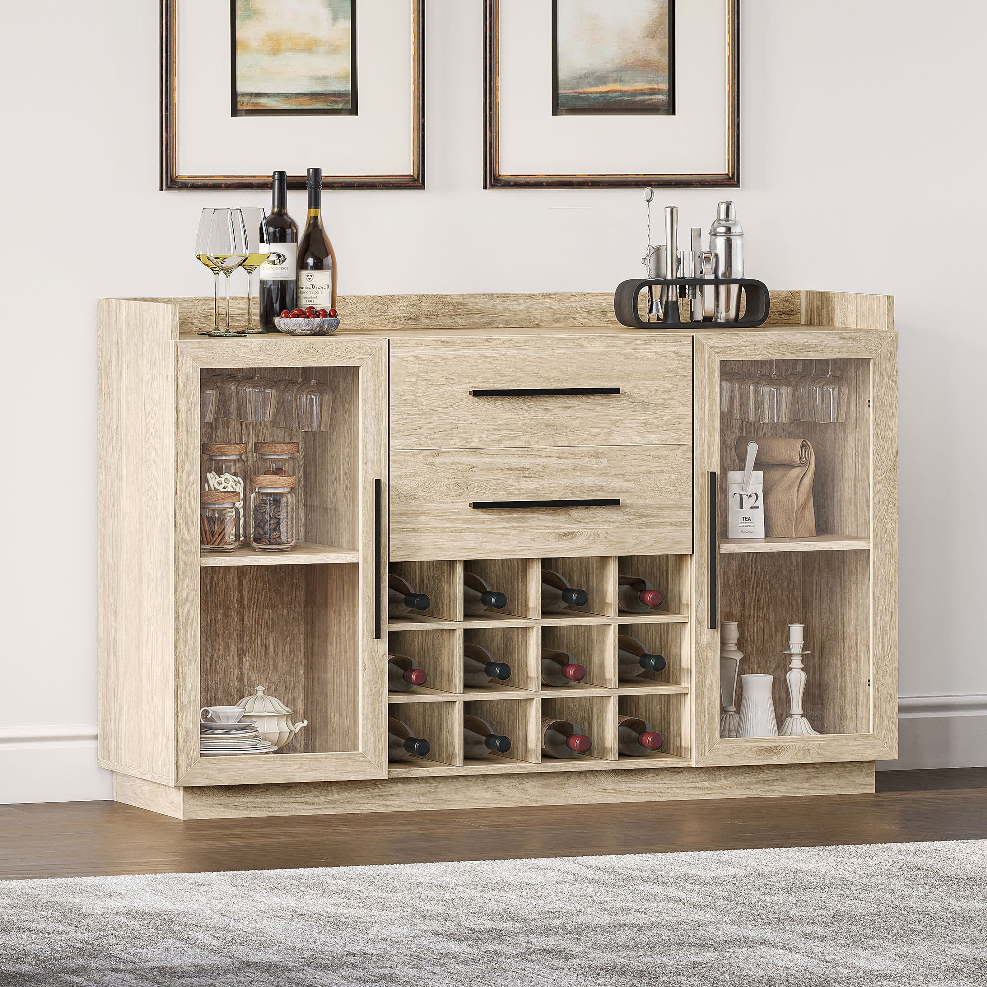 Belleze 55 inch Wine Cabinet Sideboard Buffet with Wine Rack and Glass ...