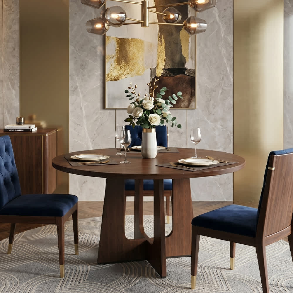 Coolbibila 47 Inch Round MDF Dining Table with Iron Base and Walnut ...