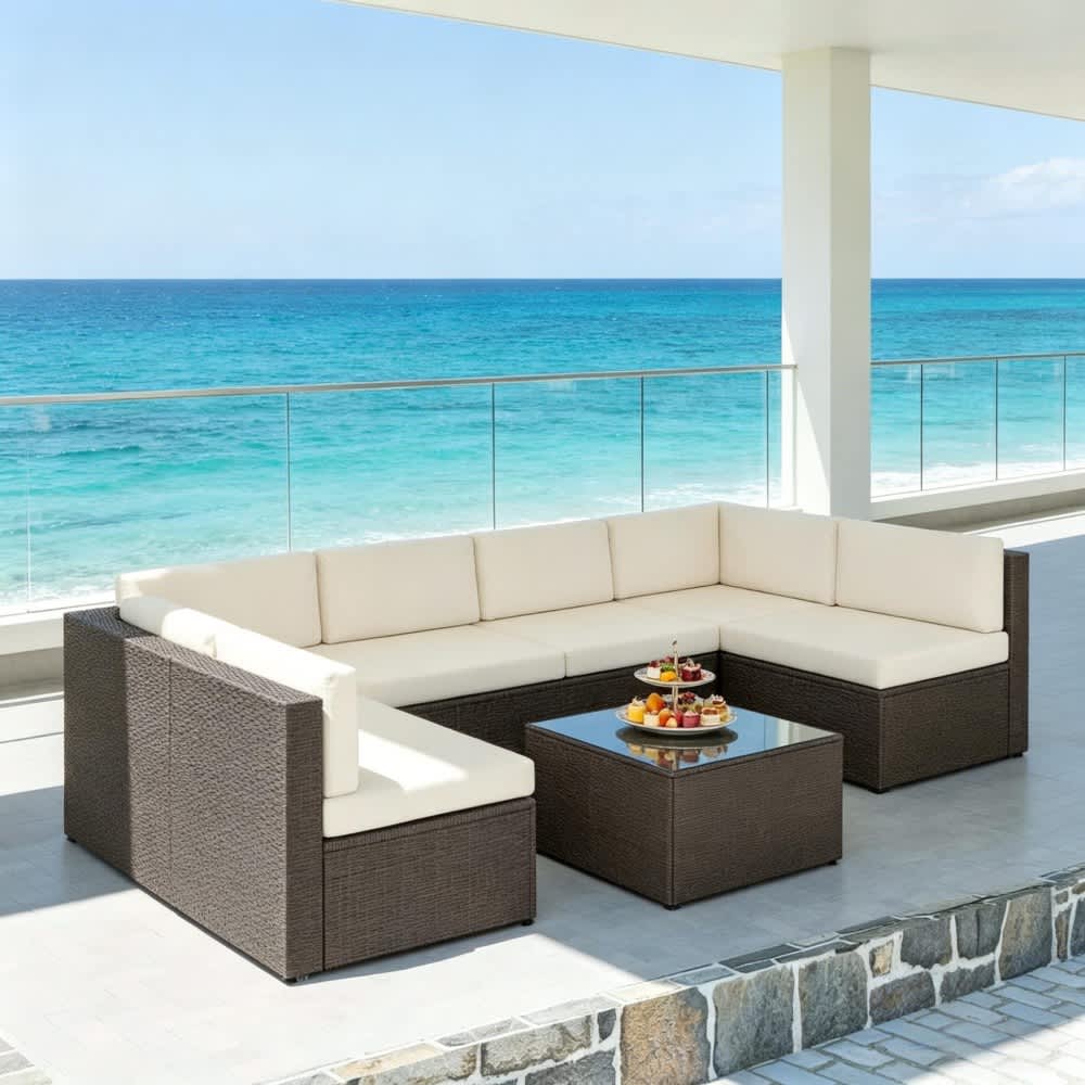 Coolbibila 7 Piece Cream Outdoor Sectional Rattan Patio Conversation ...