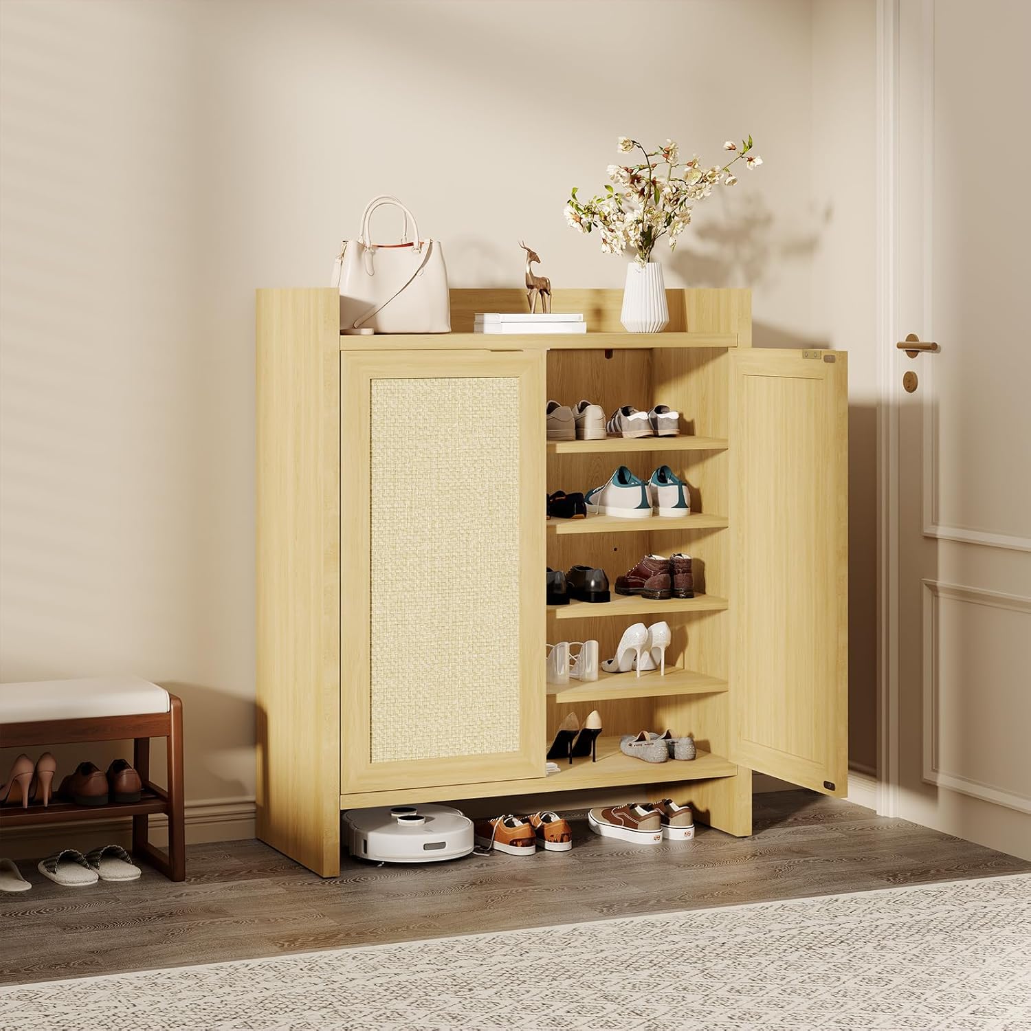 Garvee Rattan Shoe Storage Cabinet Farmhouse Freestanding Shoe Rack ...