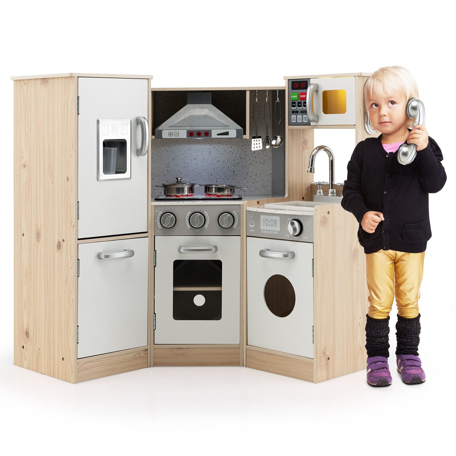 Costway Kids Corner Wooden Kitchen Playset Pretend Cooking Toy with ...