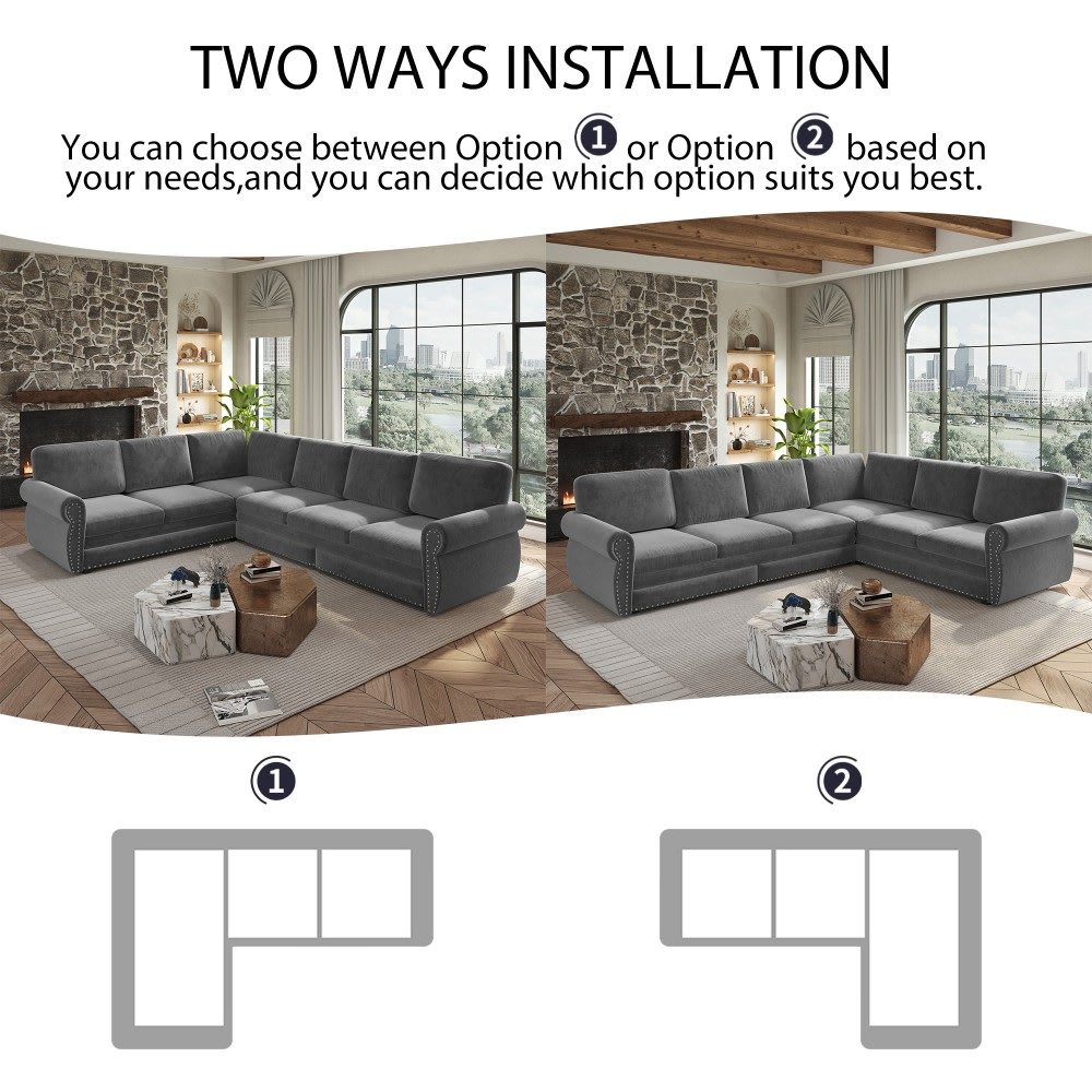 Coolbibila 118-in Light Gray Oversized Chenille L-Shaped 6 Seat ...