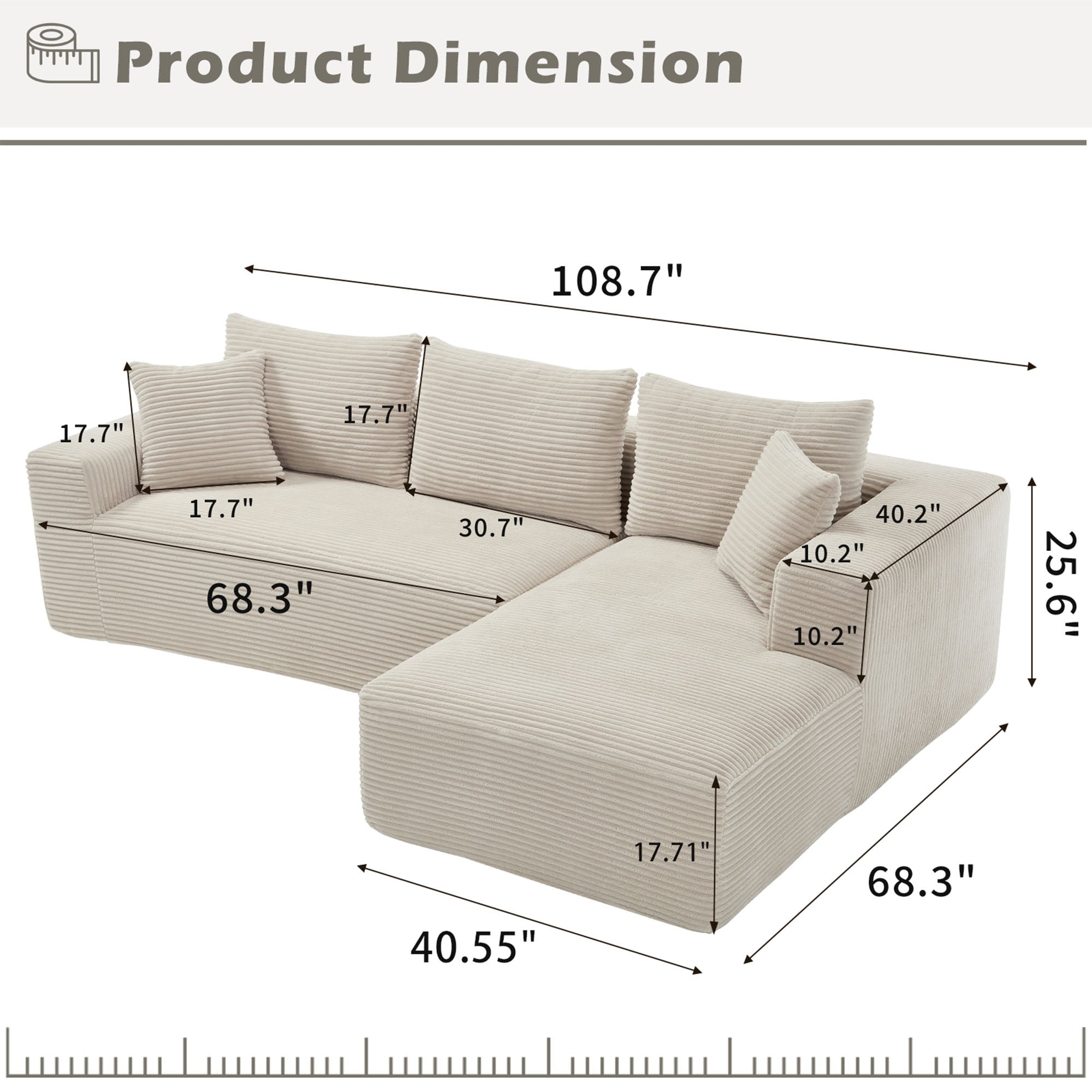 Boyel Living Beige Stripe 3 Seat L-Shape Modular Sectional Sofa Couches ...