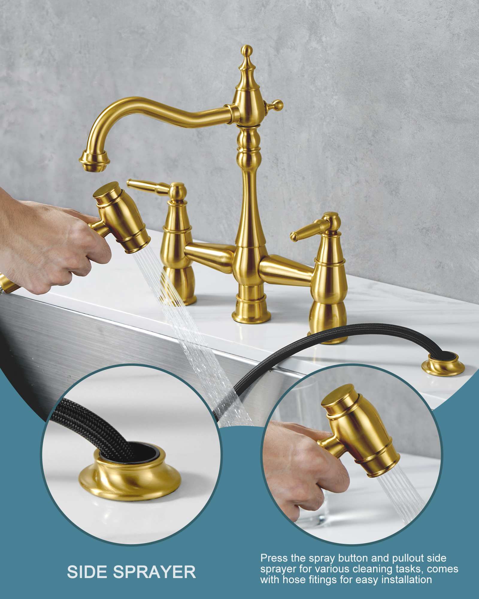 ALEASHA Double Handle Brass Vintage Bridge Kitchen Sink Faucet with ...