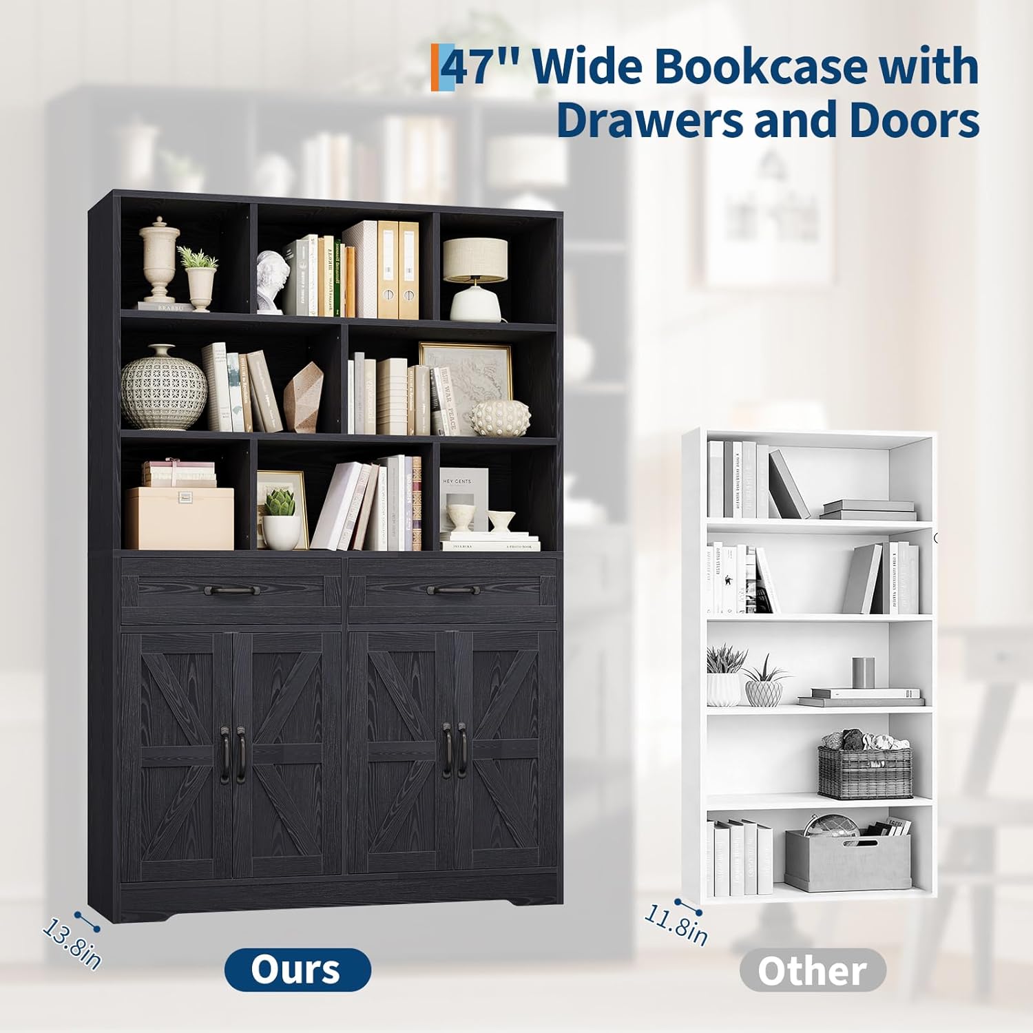Garvee 71in Tall Bookcase with 2 Drawers and 4 Doors 6Tier 47in Wide ...