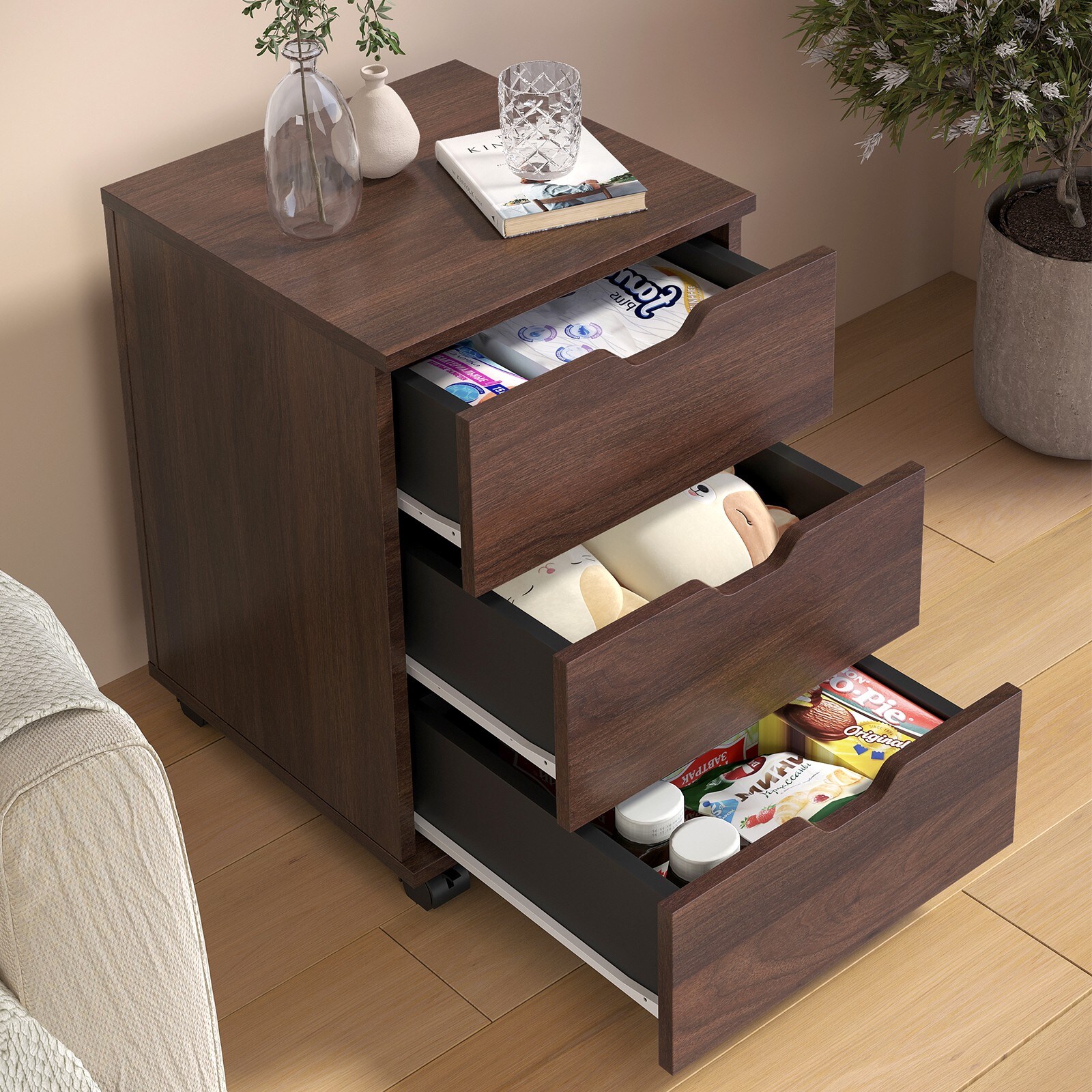 GlasFlength 3 Drawer Rolling Mobile File Cabinet Vertical Wood Storage ...