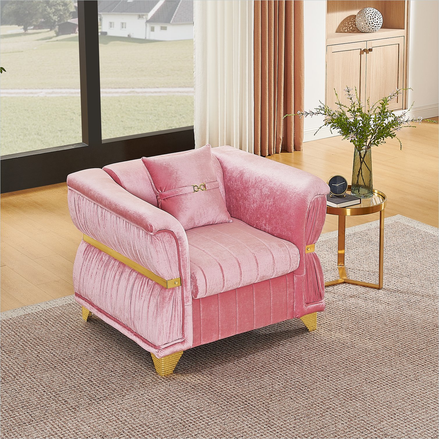 Naturefalls Single Sofa Velvet Upholstered Couch in Classic Pink with ...