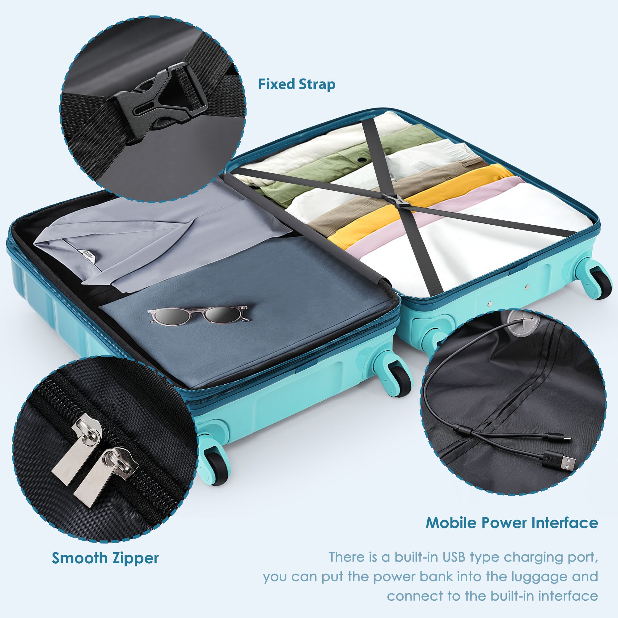 LOVMOR Luggage Sets 5 Piece 20-inch with USB Port ABS Durable Suitcase ...
