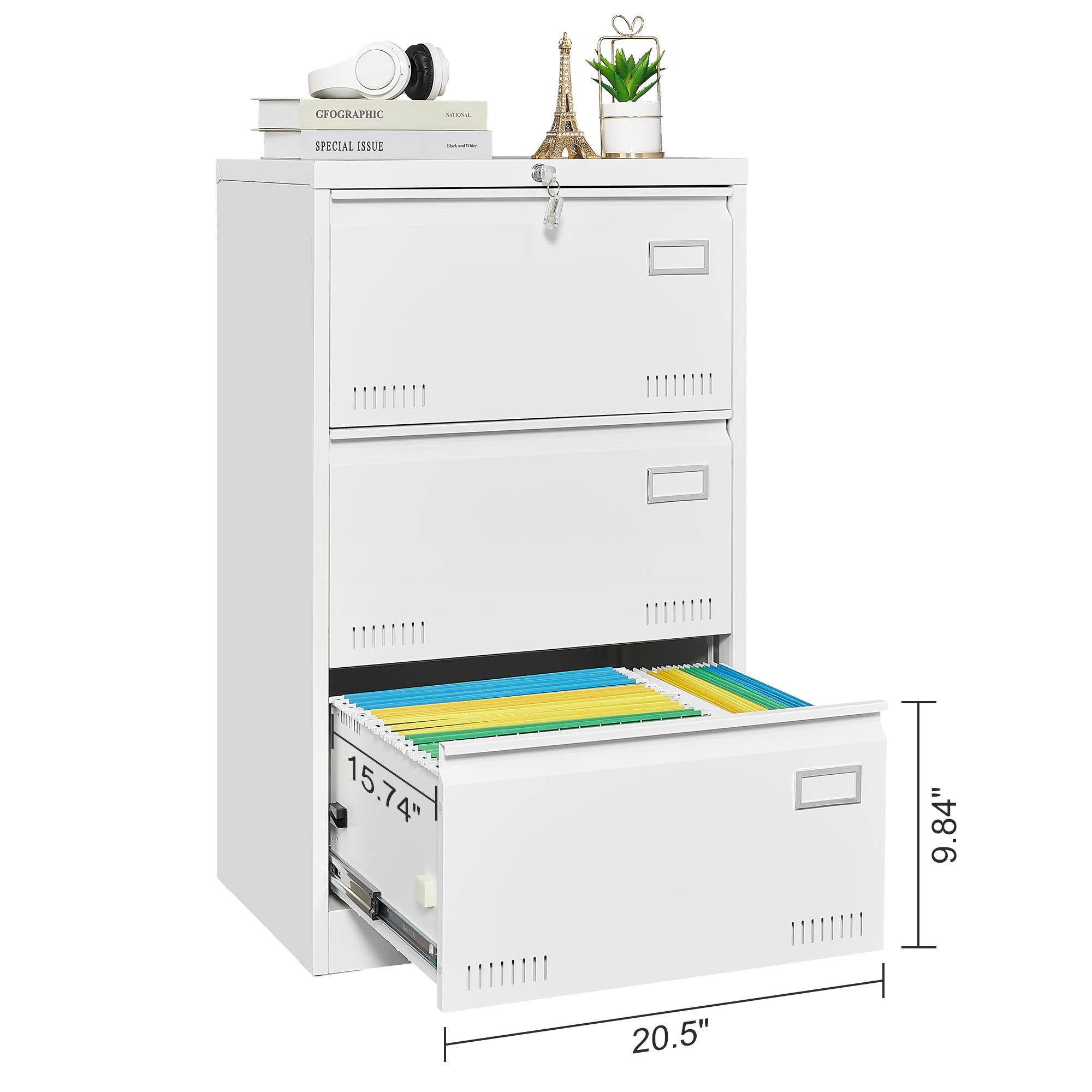 Boyel Living White Locking Metal File Cabinets with Lock 3 Drawers for ...