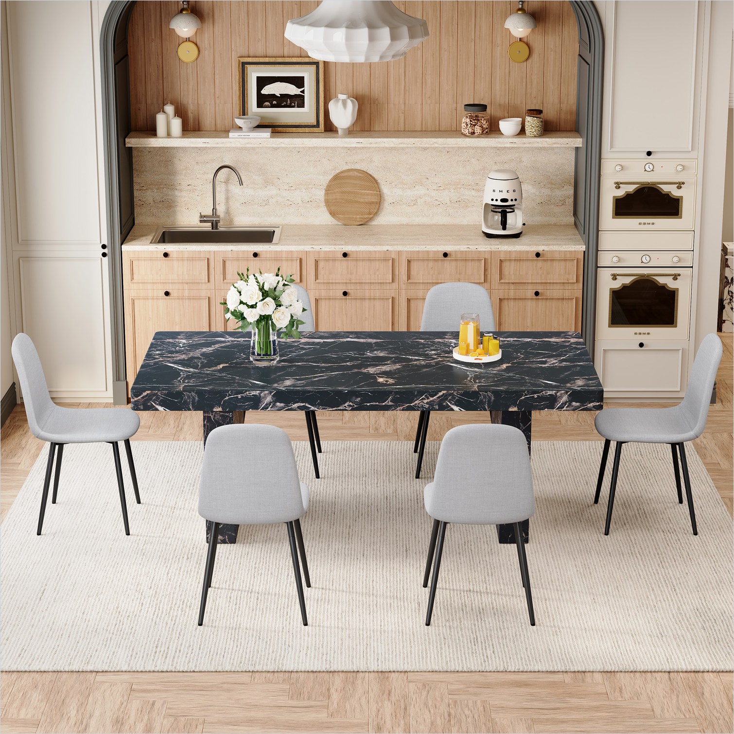 Naturefalls 6-Person Rectangle Dining Set Modern Block Base Matte Black ...