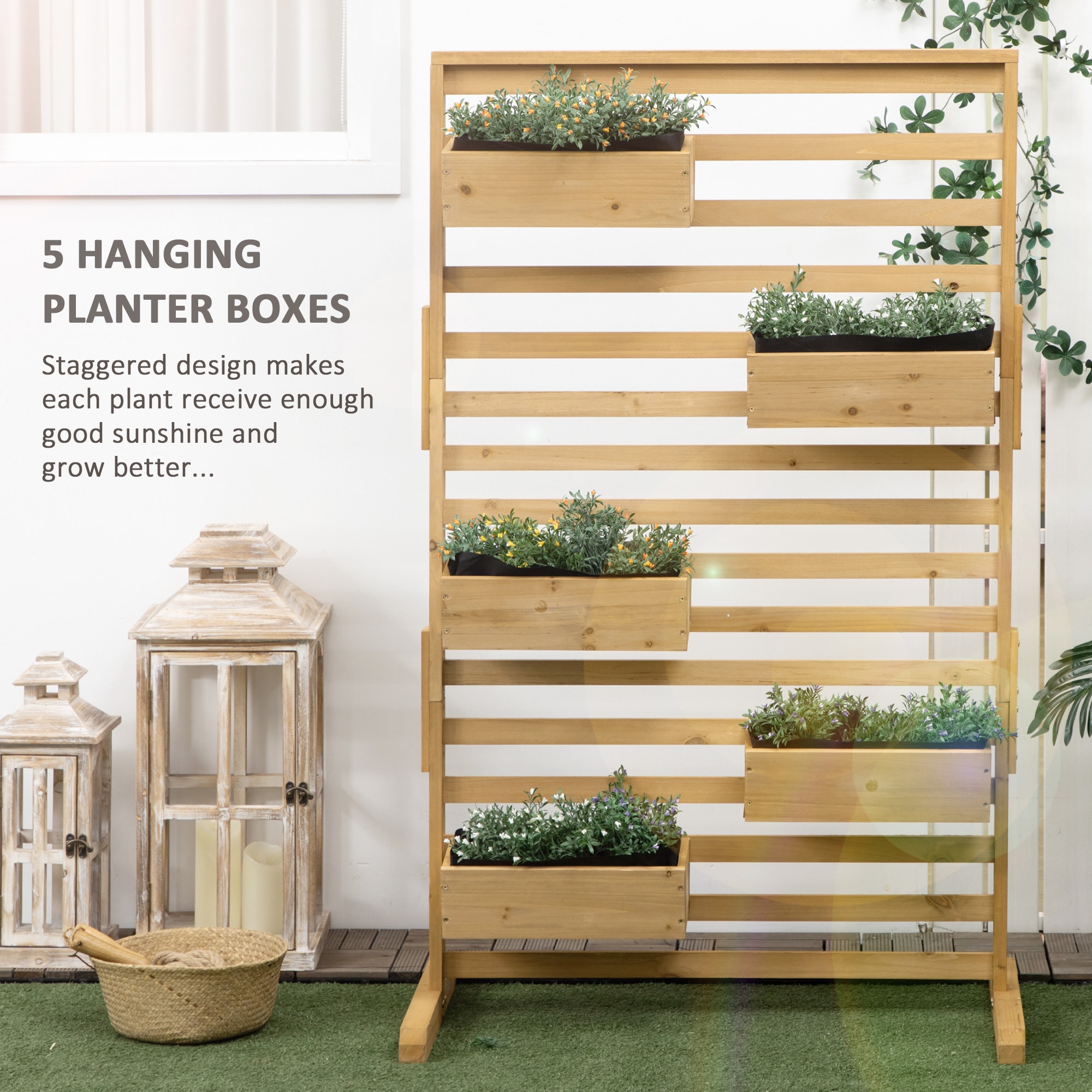 Outsunny Outdoor Plant Stand with 5 Hanging Flower Boxes and Slatted ...