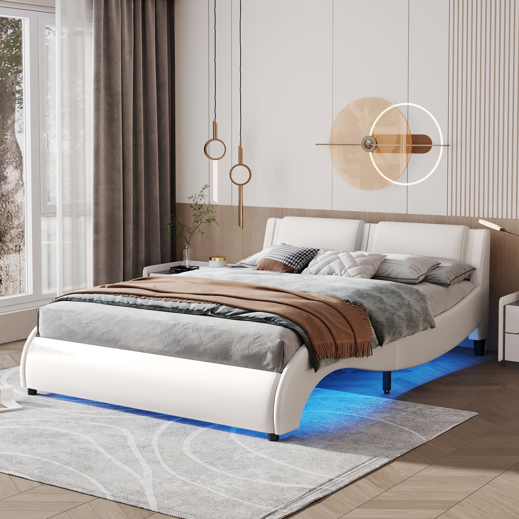 ModernLuxe Queen Size Upholstered Faux Leather Platform Bed with LED ...