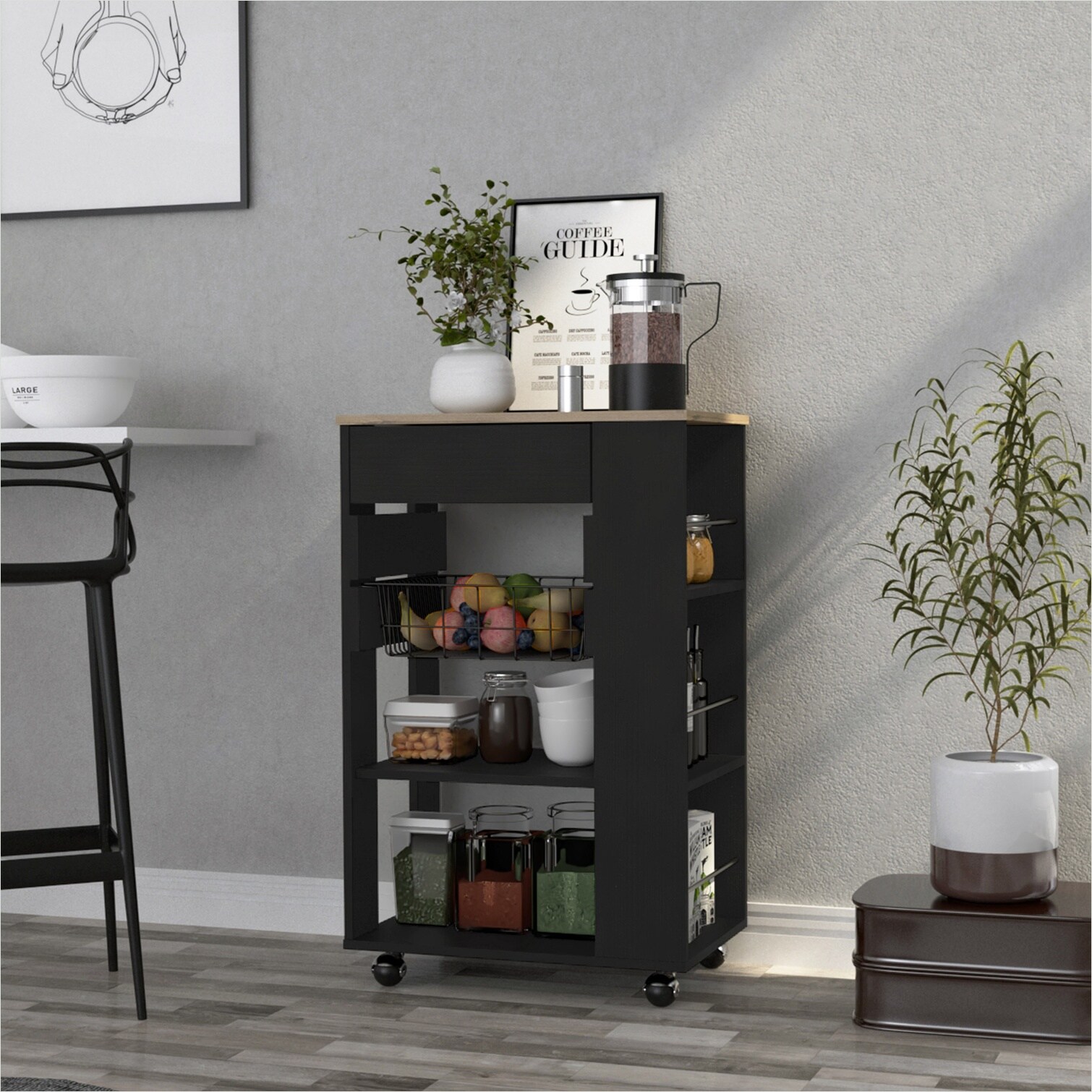 Naturefalls Compact Black and Light Oak Particle Board Rolling Kitchen ...
