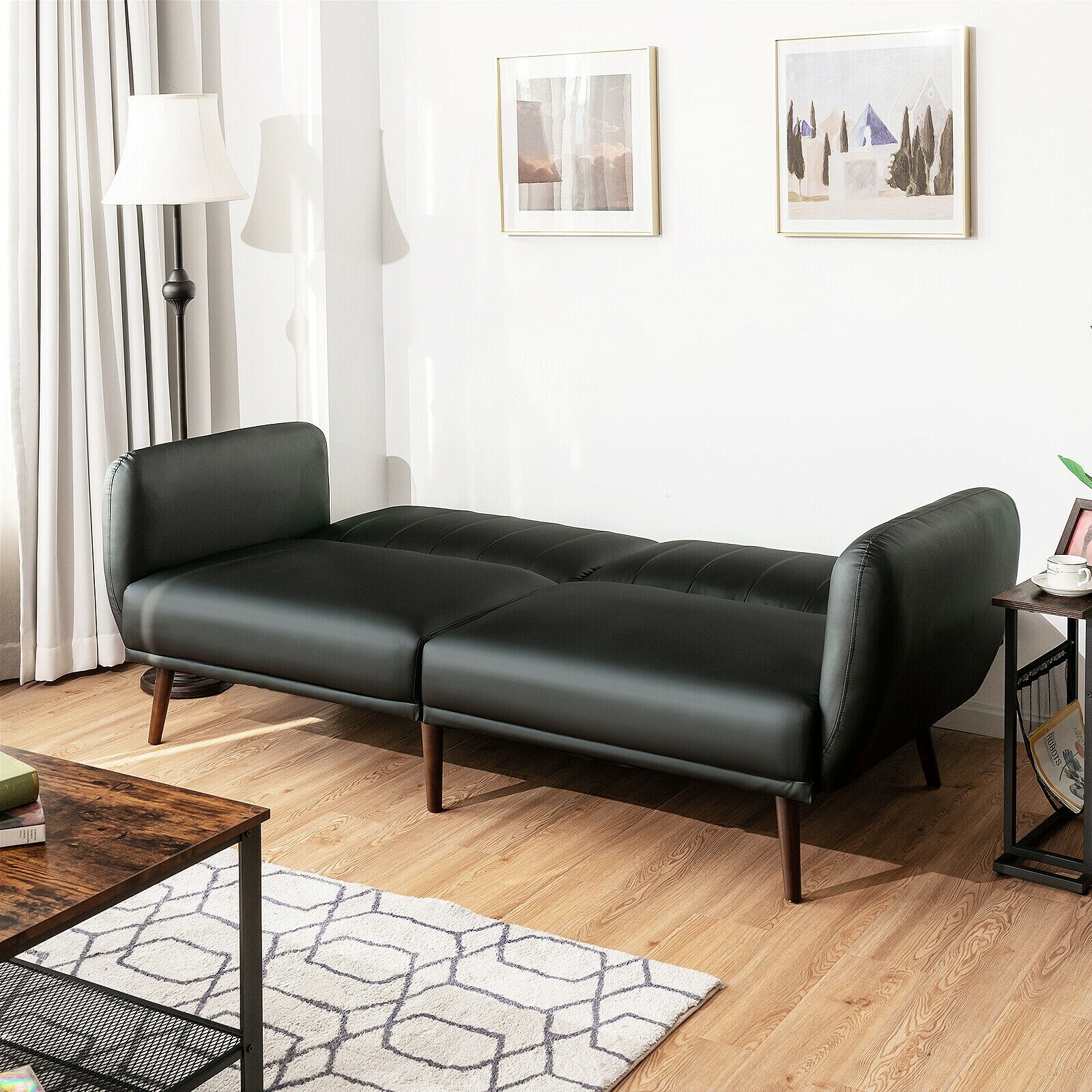 Slickblue Black PU 3-Seat Convertible Sofa Bed with Split Back ...