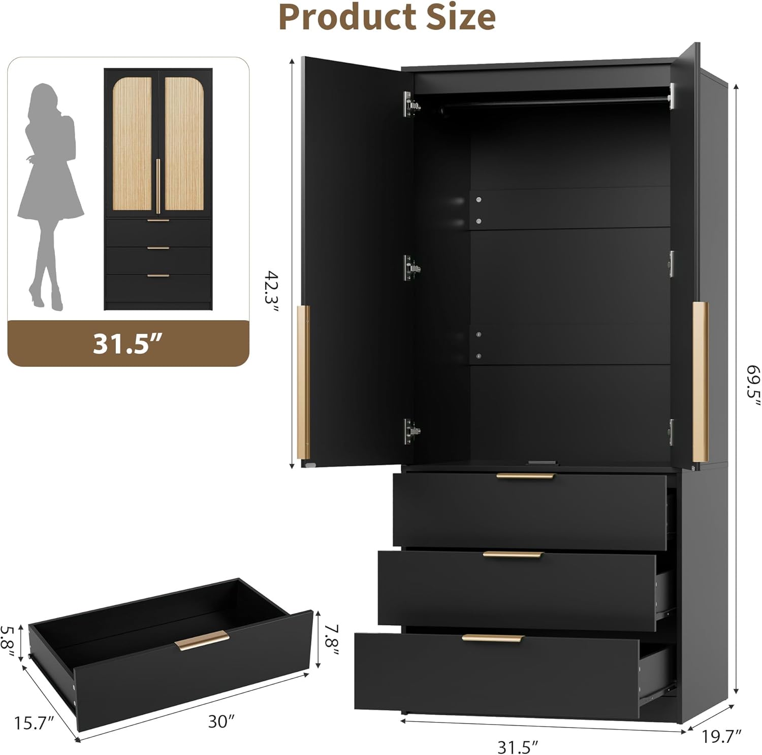 Qeetex Senfot Rattan Armoire Wardrobe Closet with 3 Drawers and 2 Doors ...