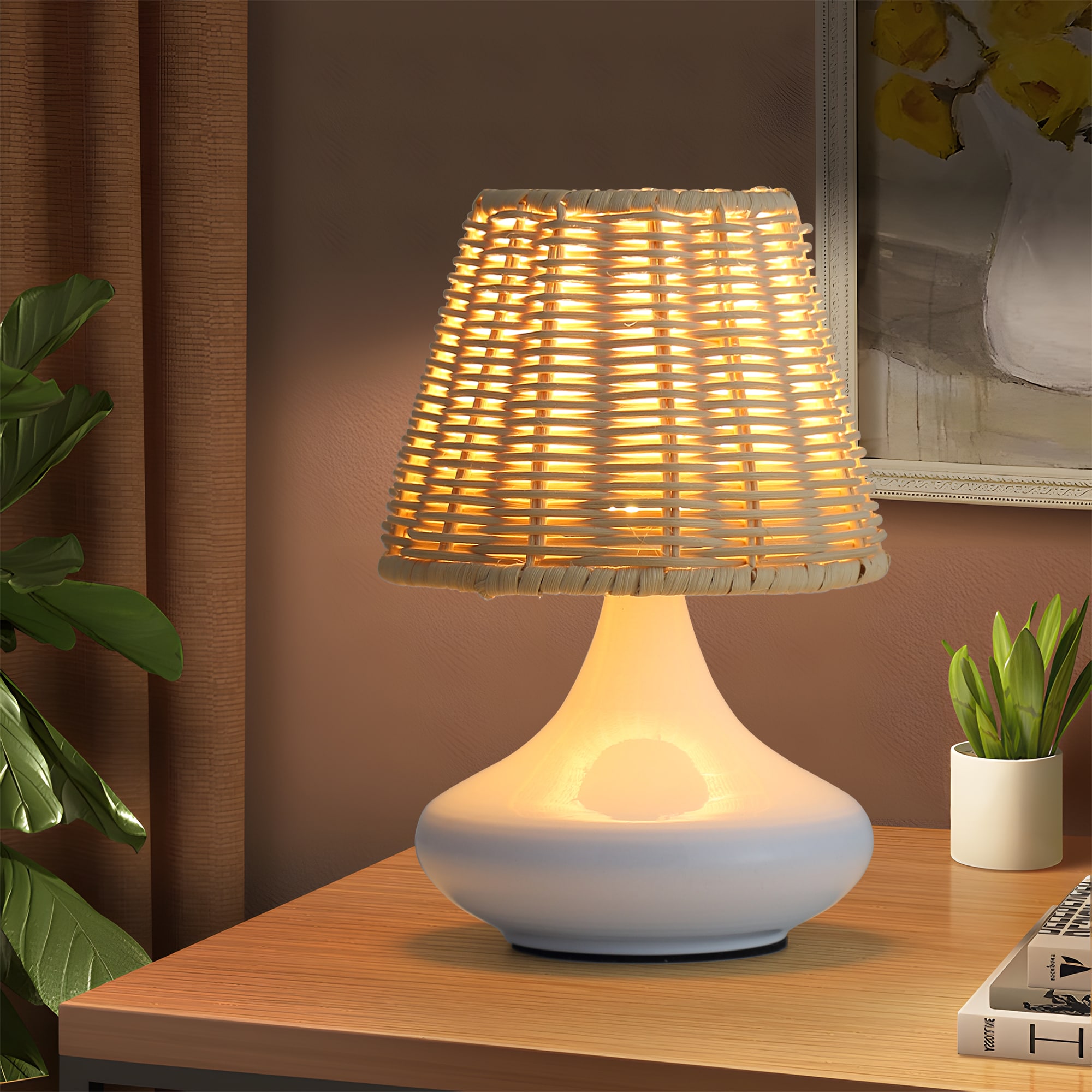Tenleaf 7.87 Inches White Woven Bamboo Table Lamp Dimmable Night Light ...