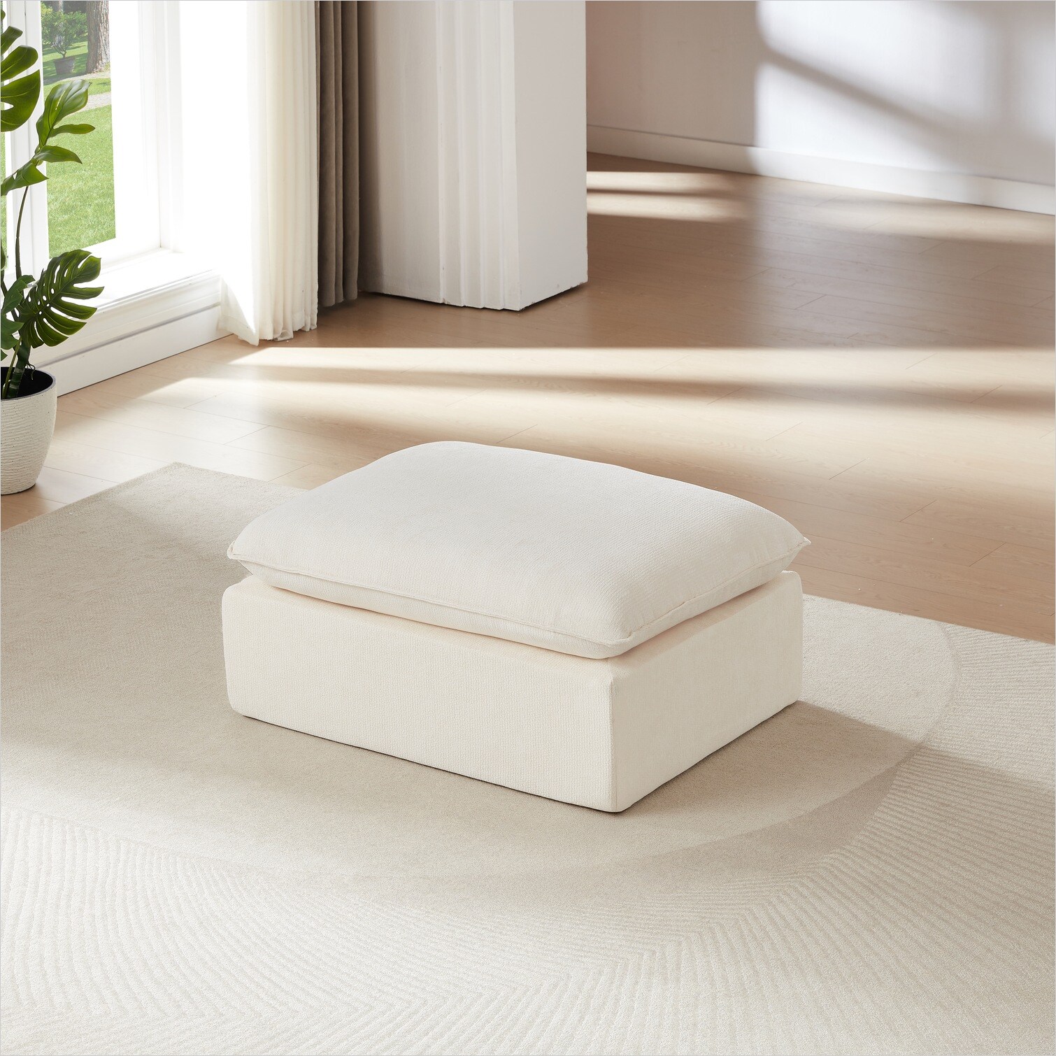 Watnature Rectangular ottoman with soft chenille in white finish foam ...