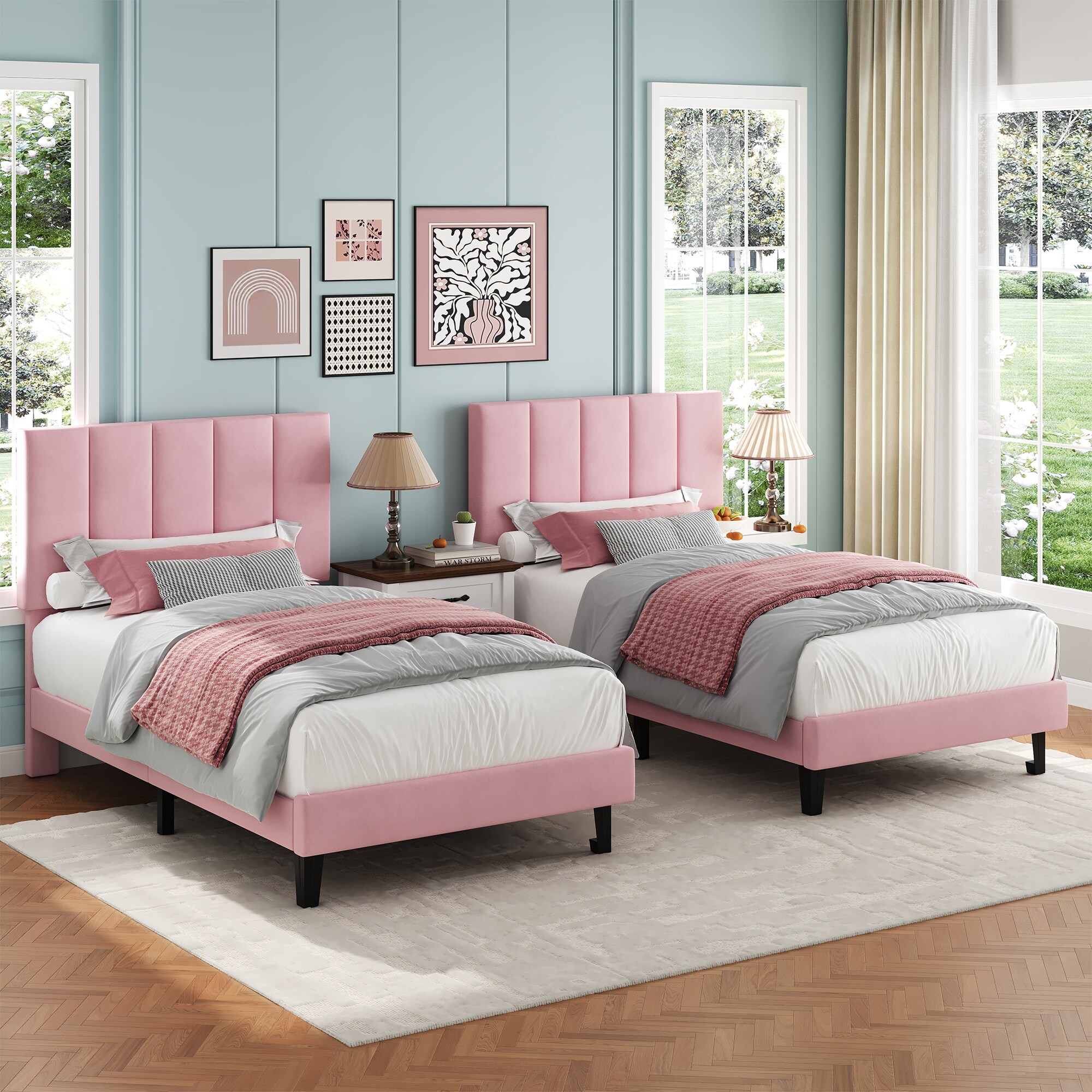 Garvee Pink Twin Size Suede Upholstered Platform Bed Frame Adjustable ...