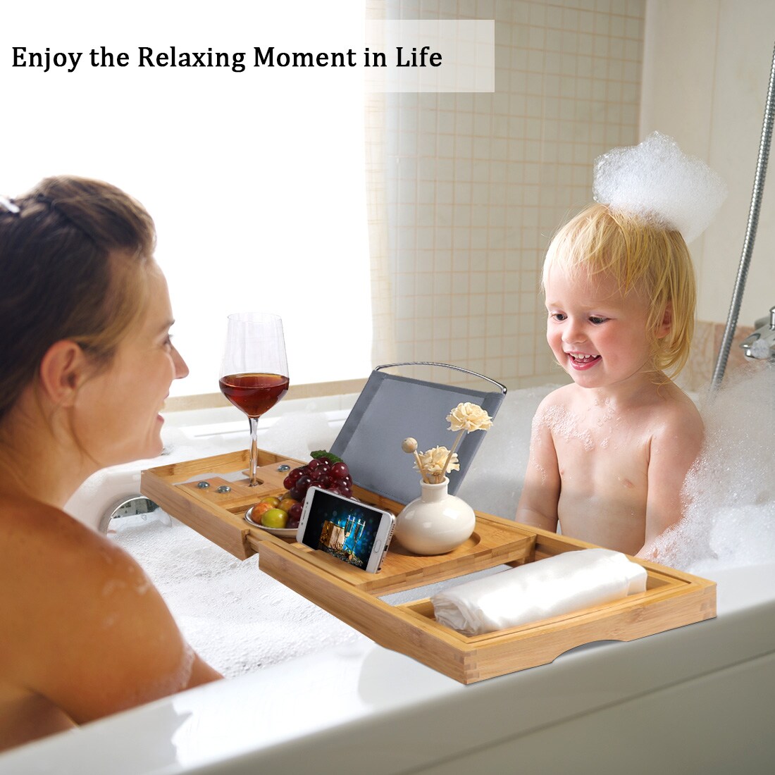 Unique Bargains Bamboo Bathtub Tray Bathroom Caddy Organizer Non Slip ...