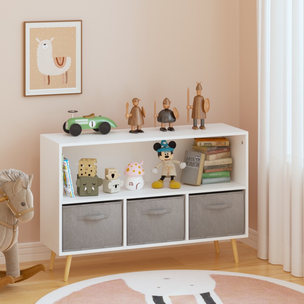 Wooakway Kids Bookcase Toy Storage with 3 Fabric Drawers Children Toy ...