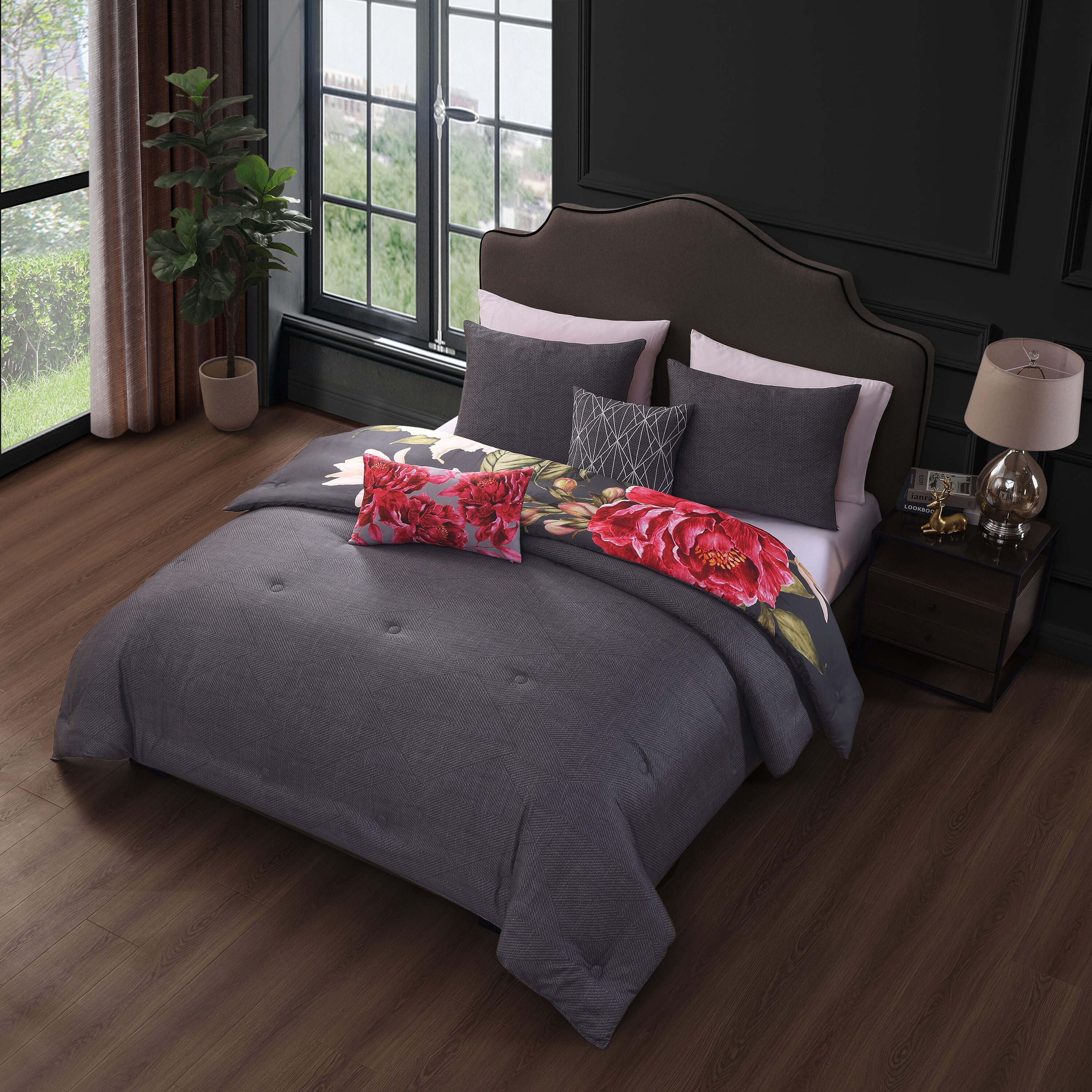 BEBEJAN Flower Garland Grey Floral Reversible Queen Comforter Cotton ...