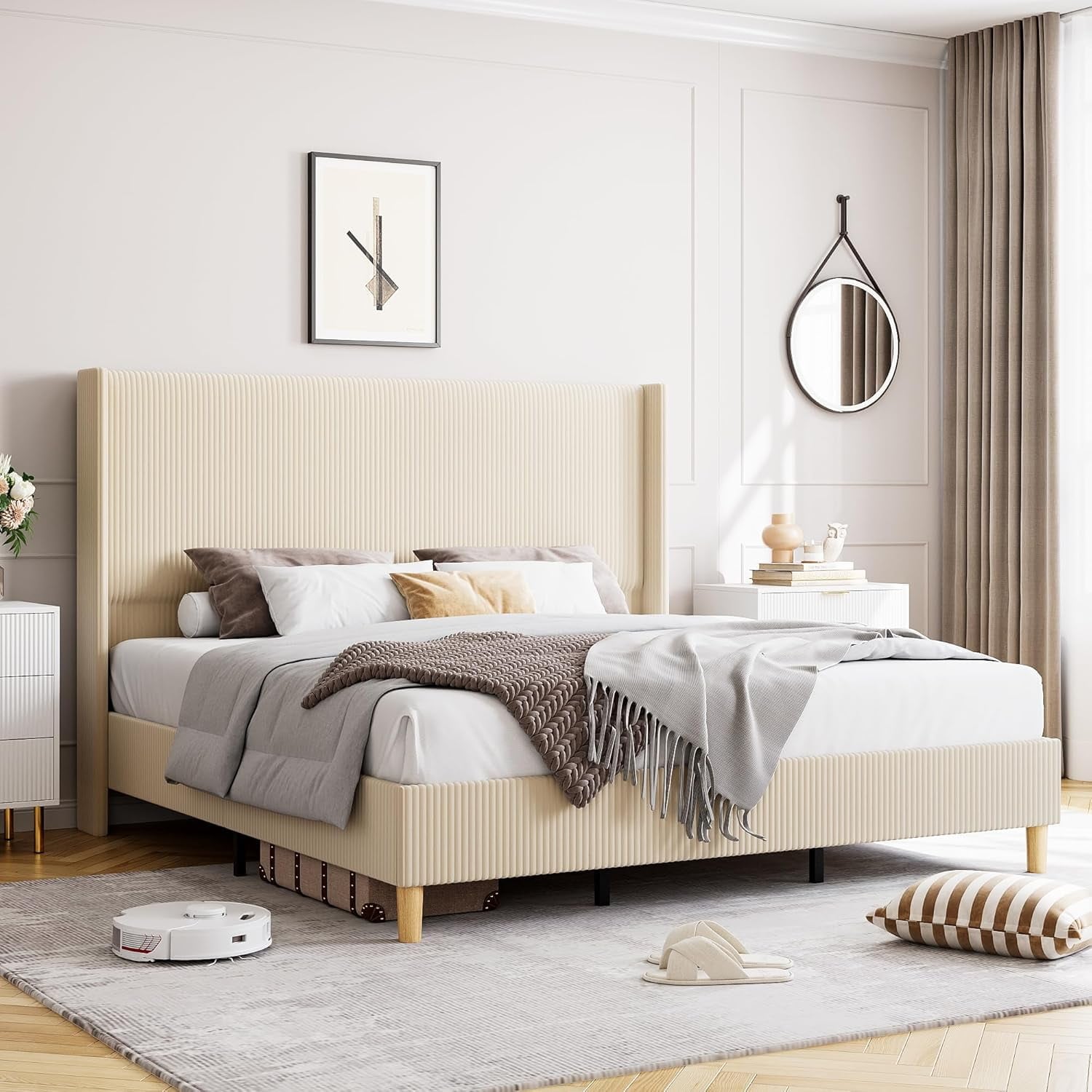 Garvee King Size Corduroy Upholstered Bed Frame- Vertical Stripe ...