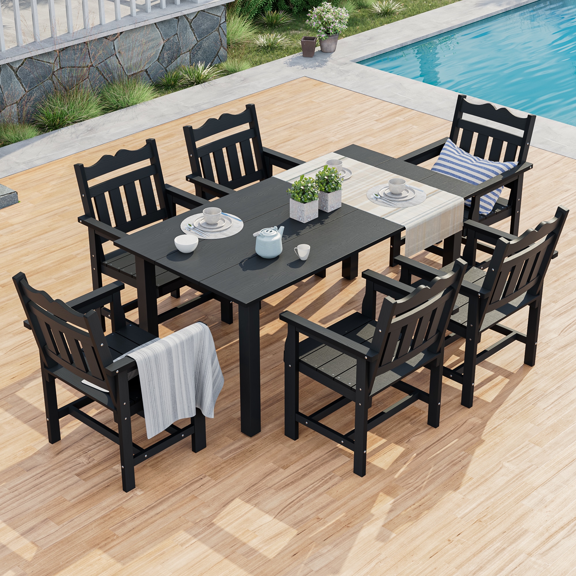 Sonkuki HIPS Table 7 -Piece Black Patio Dining Set Plastic Rectangle ...