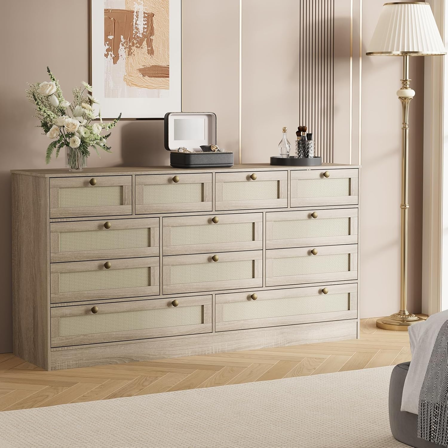 GAOMON 61inch Wide 12-Drawer Wood Dresser- Rattan Accents- Deep Storage ...