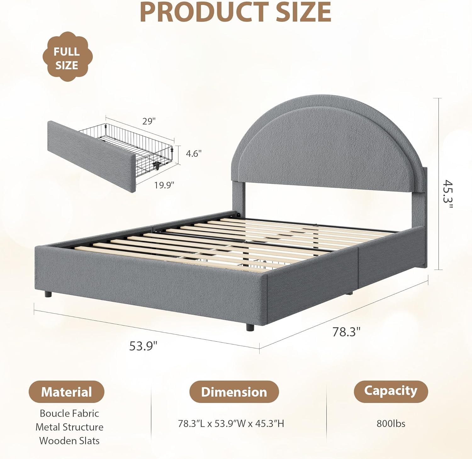 Garvee Full Boucle Bed Frame with 2 Drawers Upholstered Platform Round ...