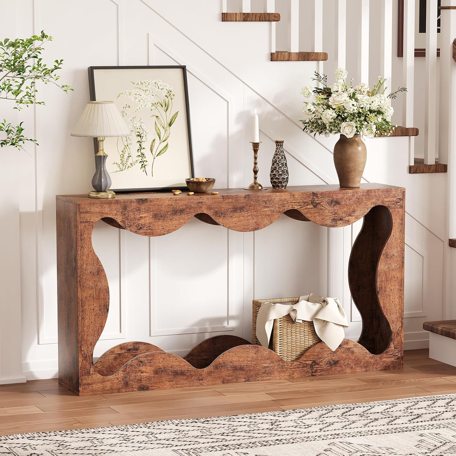 IdealHouse Farmhouse Console Table for Entryway Slim Wood Scalloped ...
