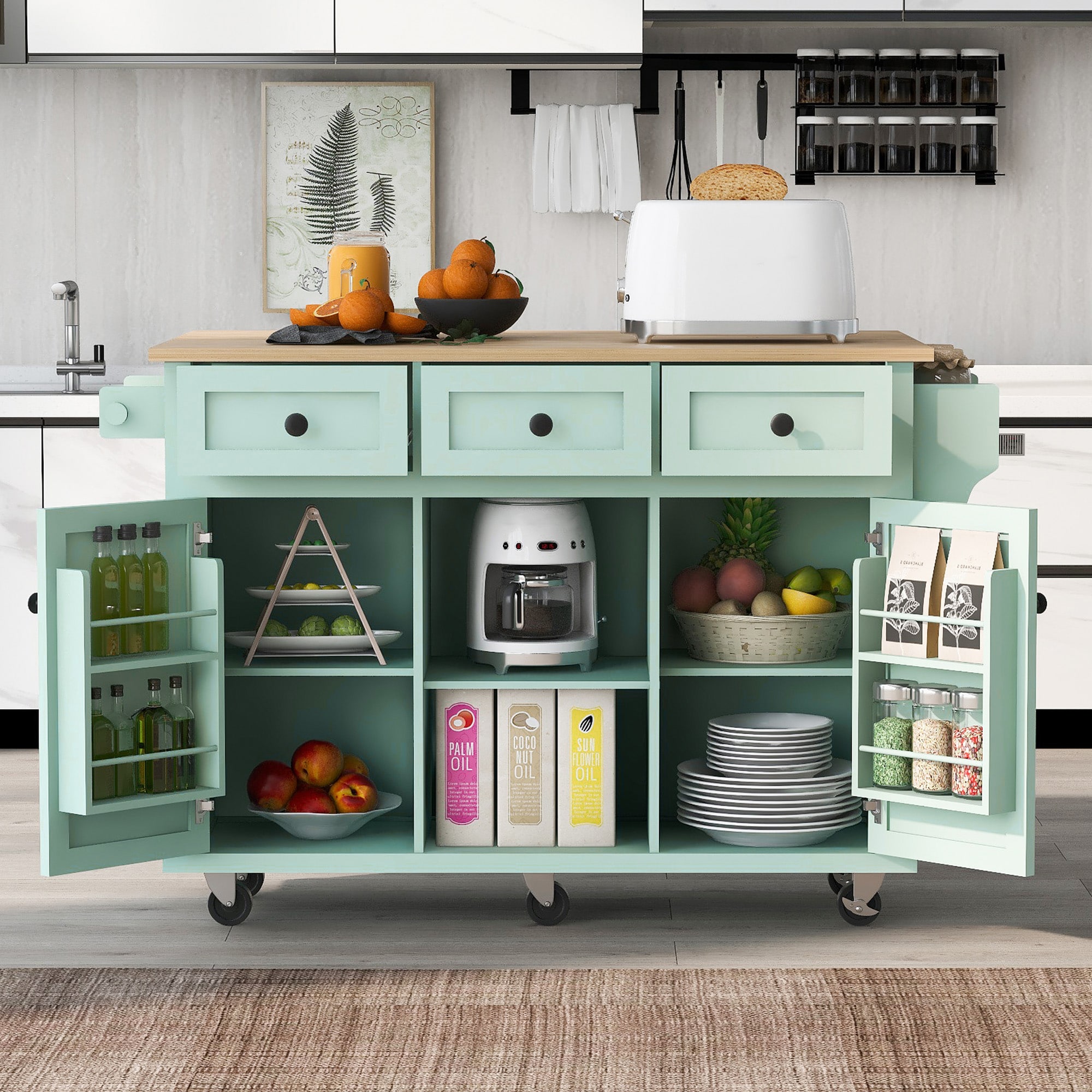 Fun Orange Green MDF Base with Reclaimed wood Wood Top Rolling Kitchen ...