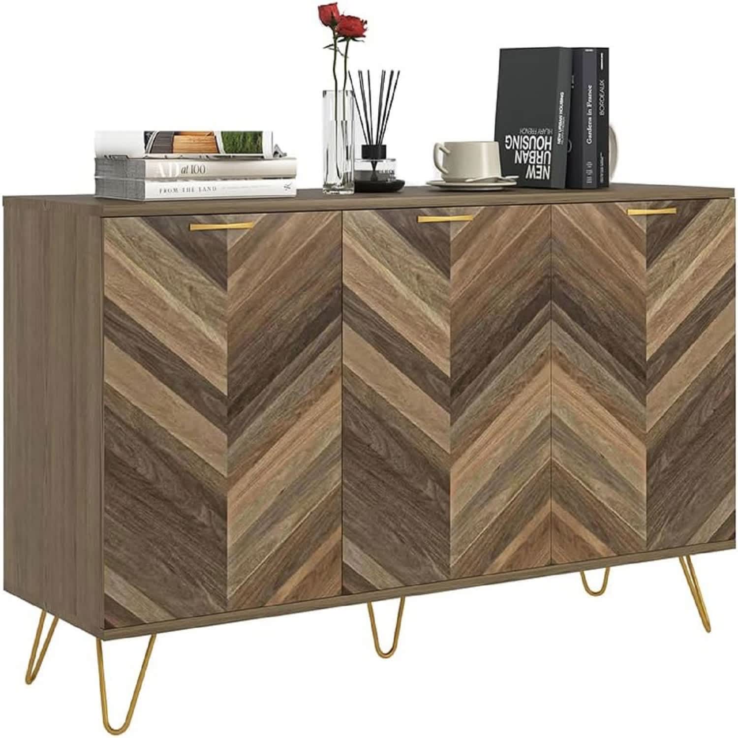 CIPACHO Modern 3-Door Storage Cabinet Wood Grain with Adjustable ...