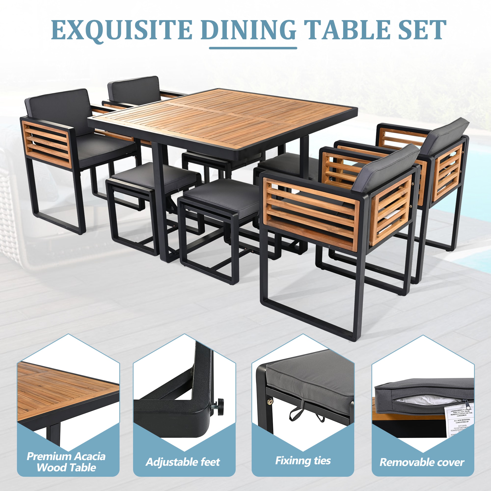 ModernLuxe Assembly Required 9Pieces Acacia Wood Patio Dining Set Space ...