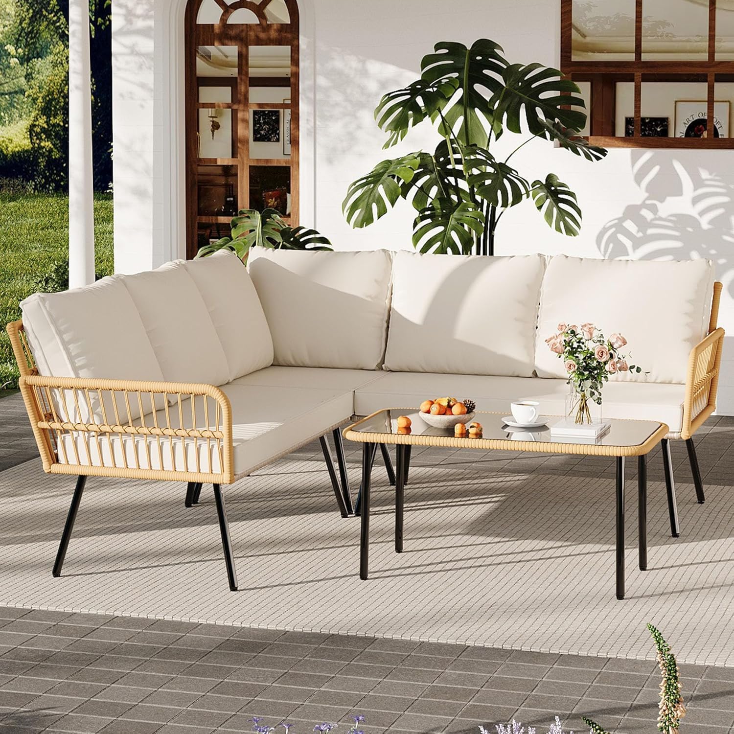 GarveeLife 4-Piece Outdoor Wicker Sectional Set/L Shaped Patio ...
