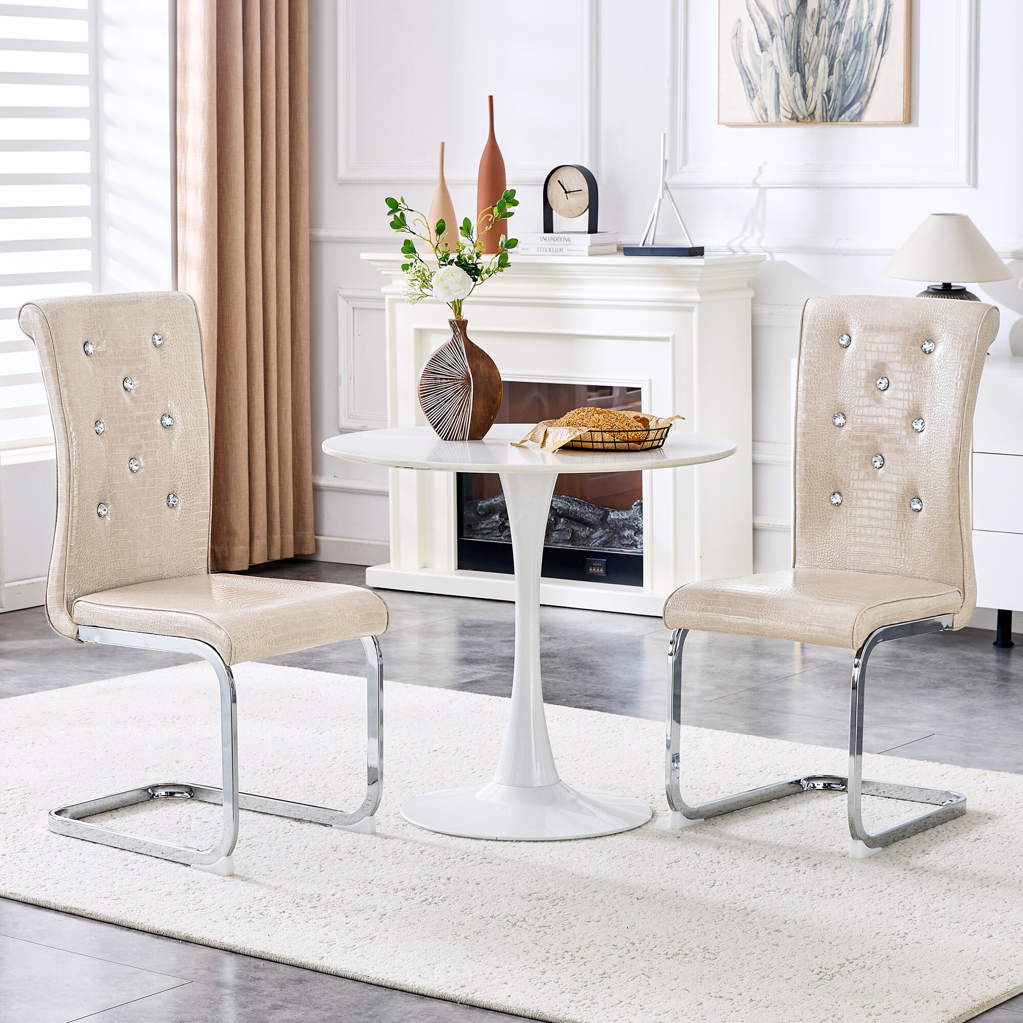 Wooakway Set of 2 Beige Retro Alligator Skin Upholstered Dining Chairs ...