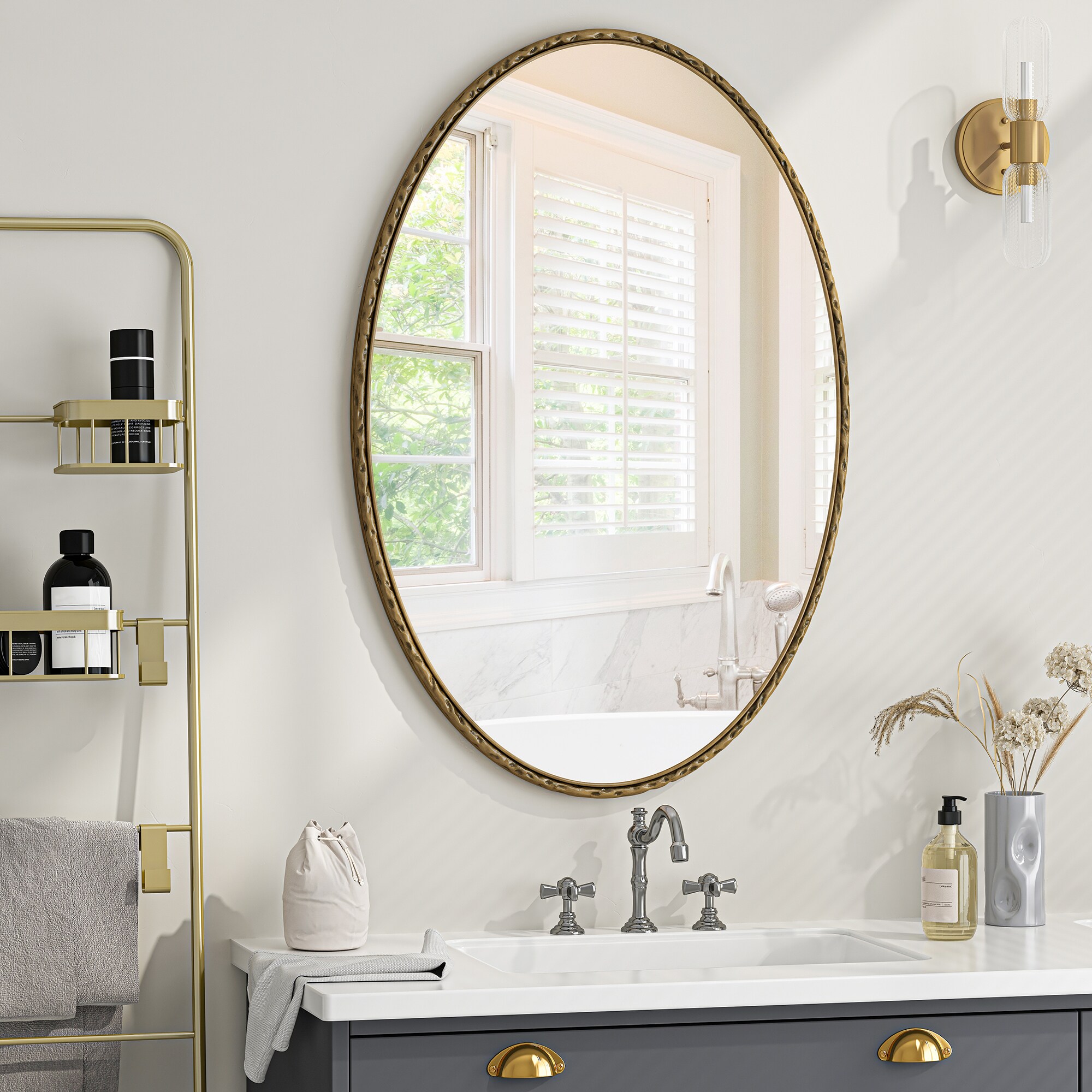 Bybafun 25.6-in W x 39.37-in H Oval Gold Framed Wall Mirror in the ...