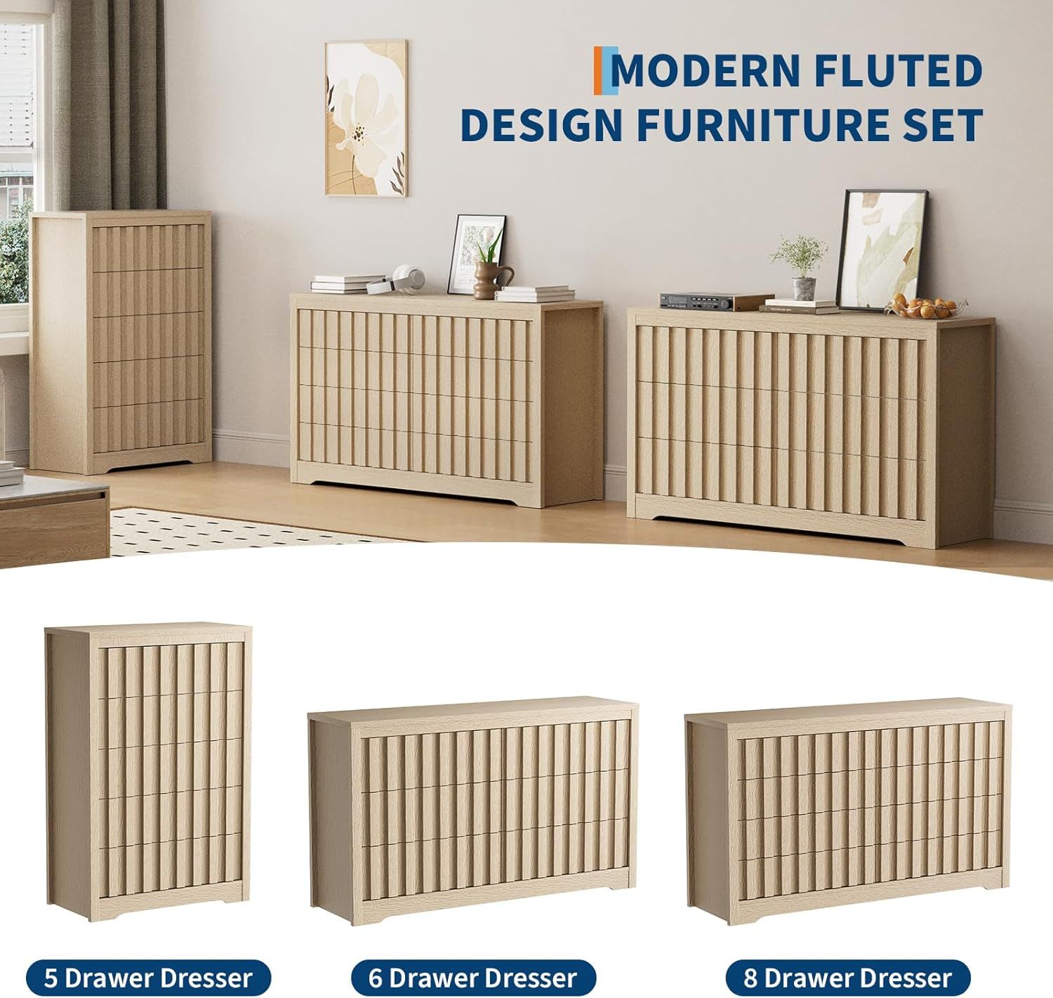 Garvee Modern Fluted Dresser for Bedroom with 8 Drawers Wooden Chest of ...