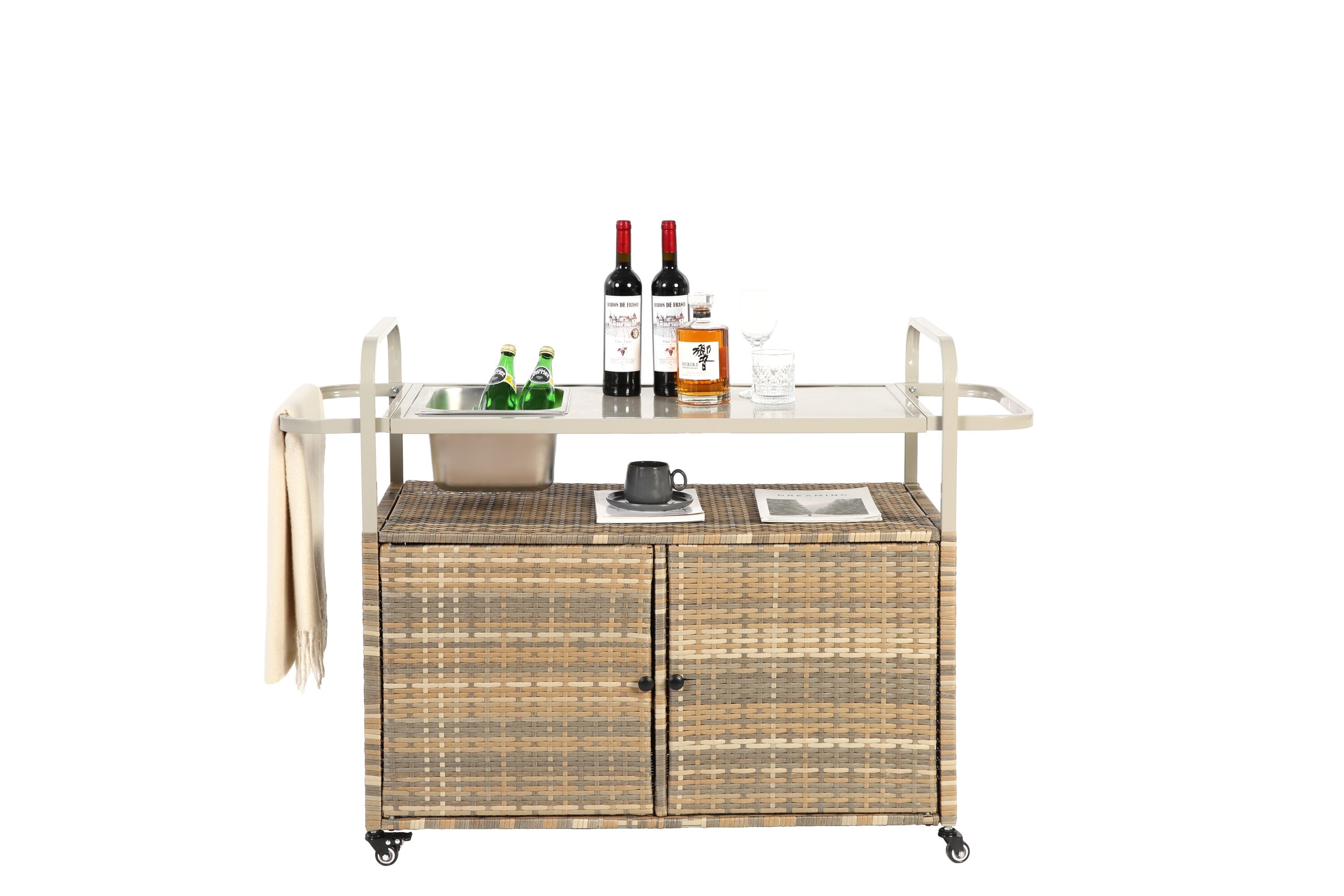 LOVMOR Outdoor Bar Table Wicker Bar Cart with Cabinet Patio Serving ...